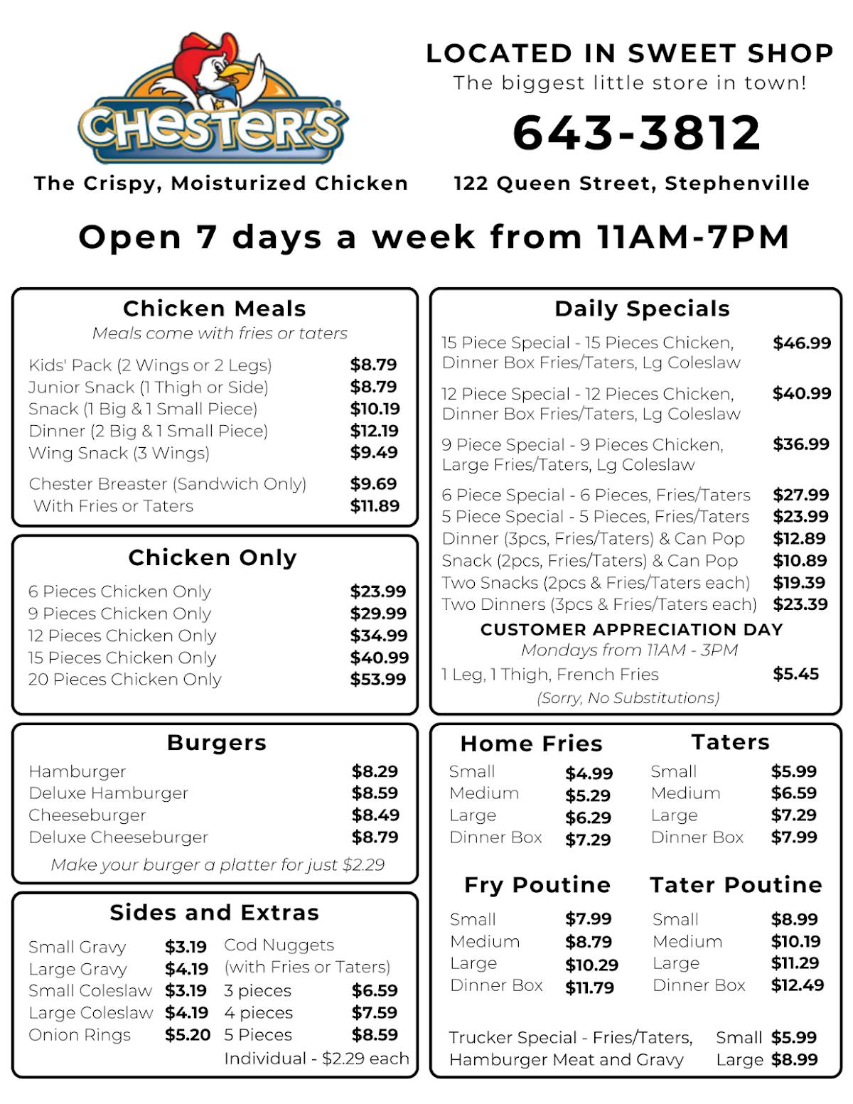 Menu at Chester Fried Chicken restaurant, Stephenville