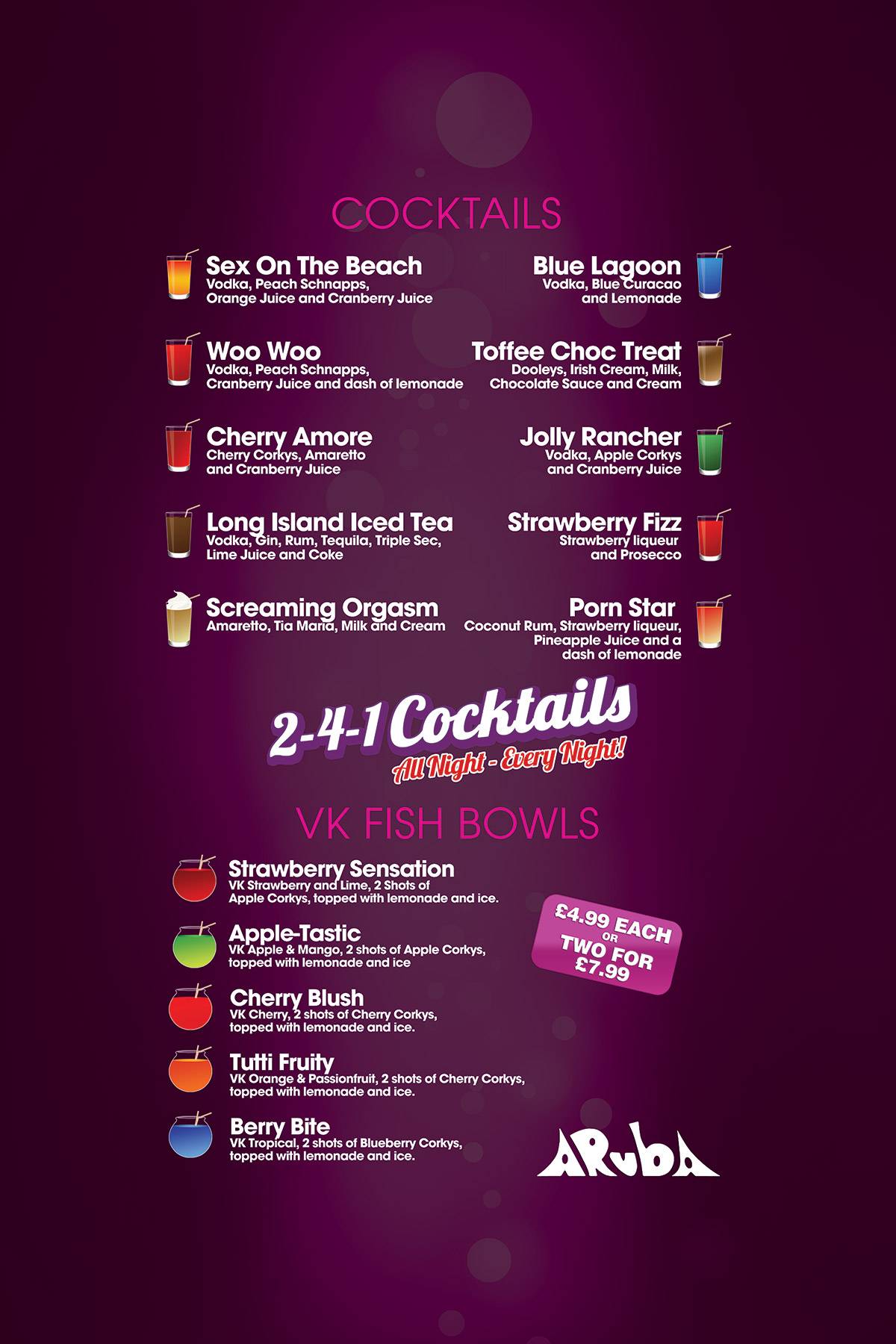 Menu at Aruba pub & bar, Chesterfield