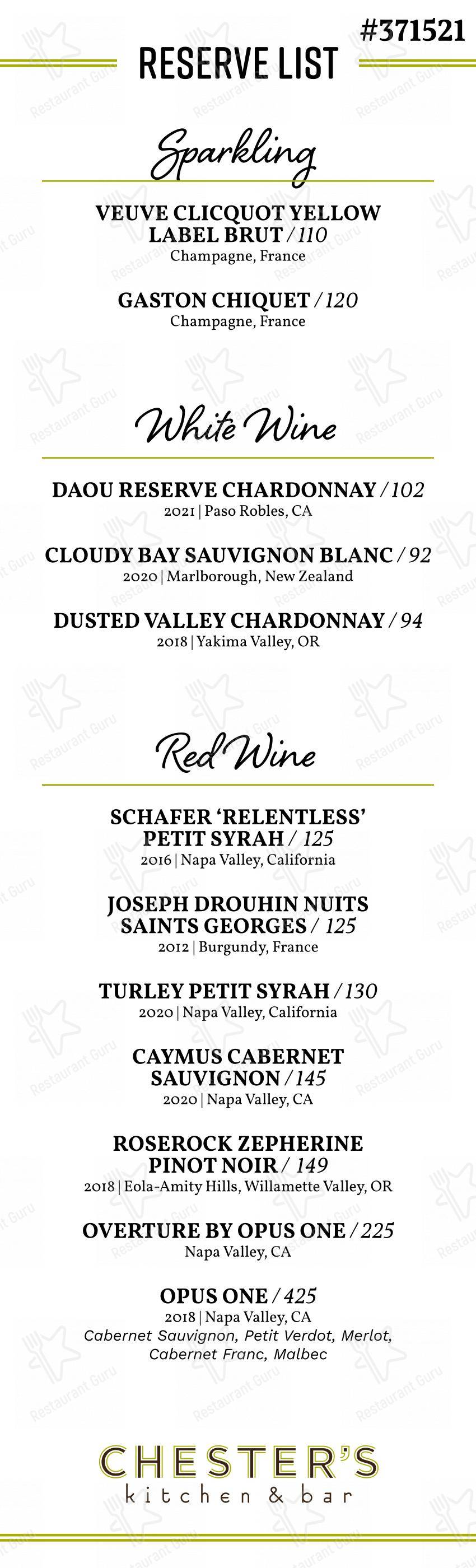 Menu at Chester's Kitchen & Bar, Rochester
