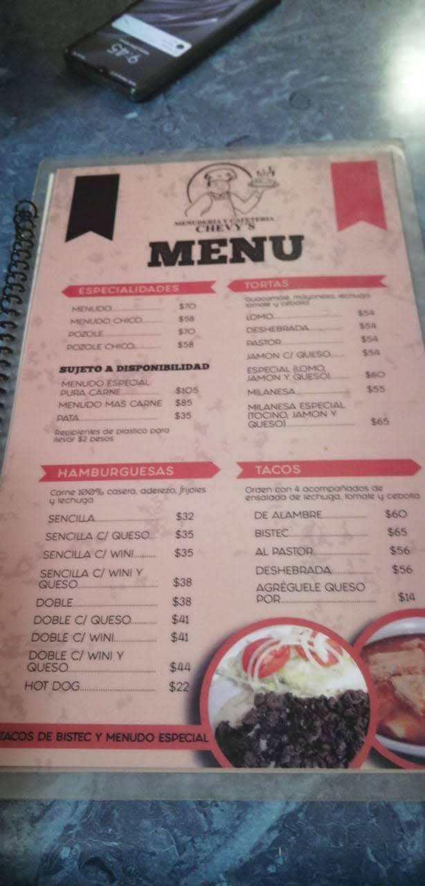 Carta de Chevys: Cafeteria y Menuderia, Chihuahua
