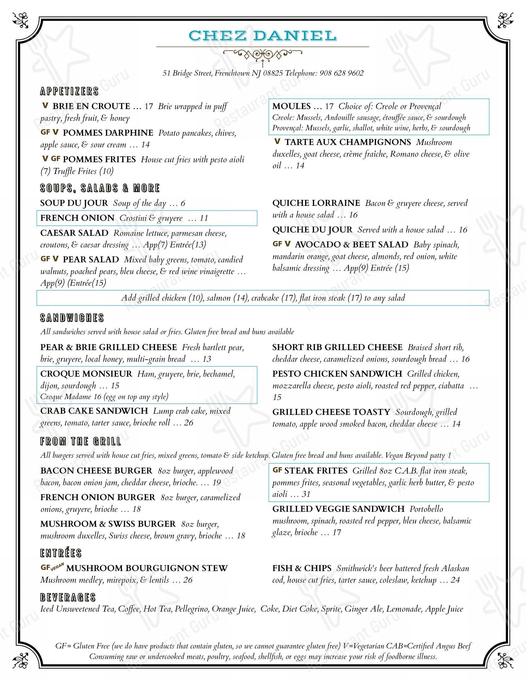 Menu at Chez Daniel restaurant, Frenchtown