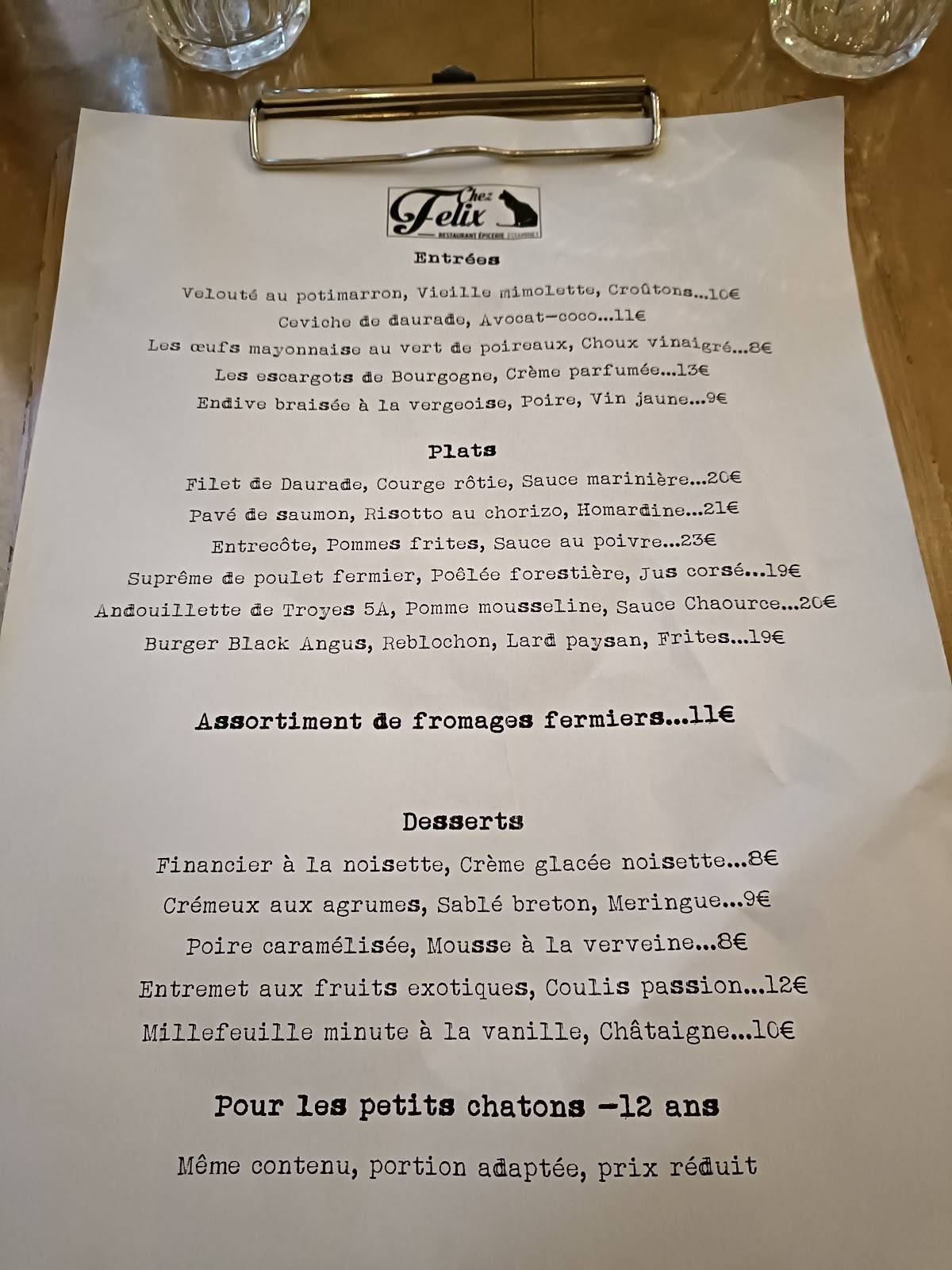 Menu au Restaurant Chez Félix, Troyes
