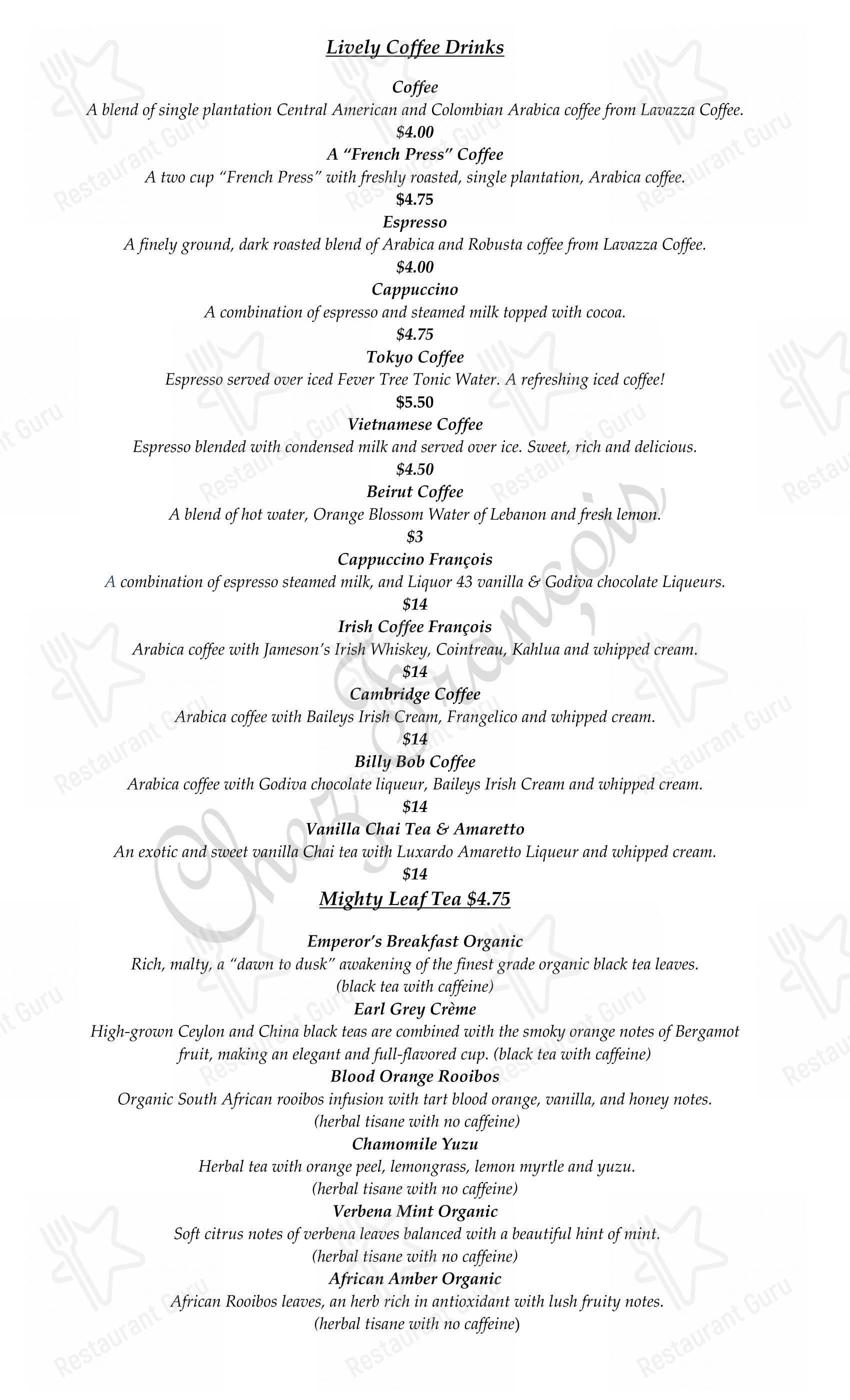 Menu at Chez Francois Restaurant & Touche Bistro, Vermilion