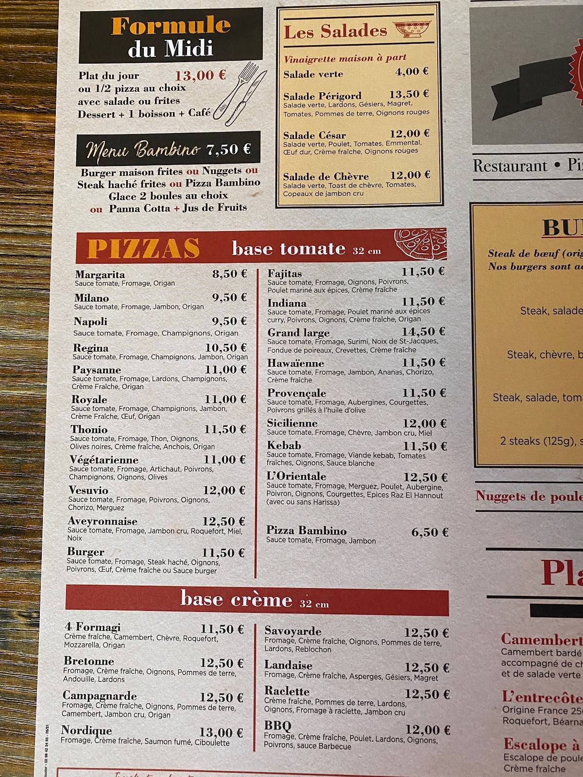 Menu au Chez Jeff restaurant, Plédran