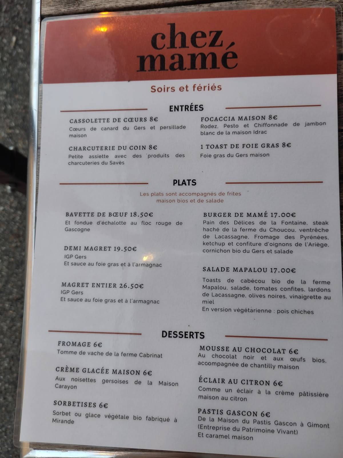 Menu au Chez Mamé restaurant, Lombez