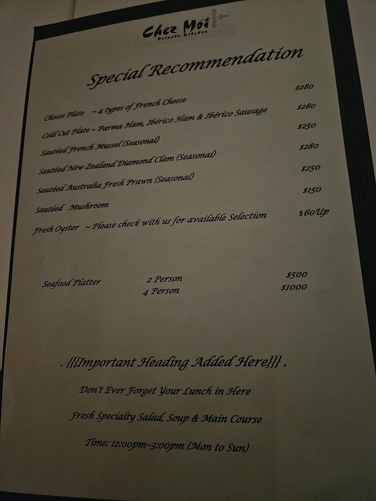 Menu at Chez Moi Private Kitchen restaurant, Hong Kong, Cubus