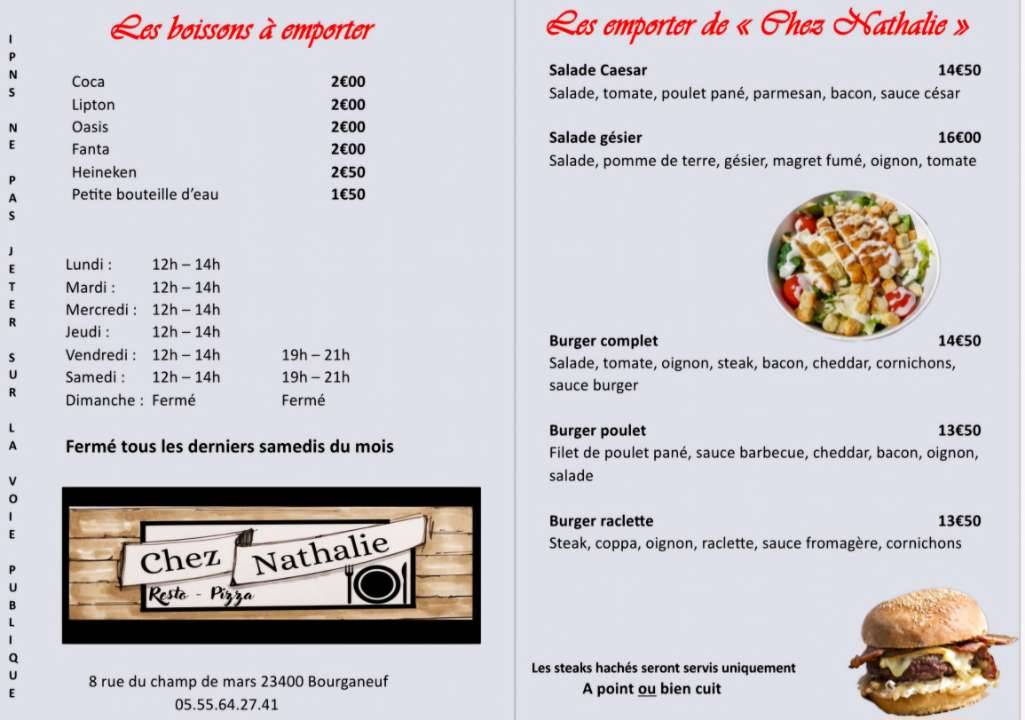 Menu au Chez Nathalie restaurant, Bourganeuf