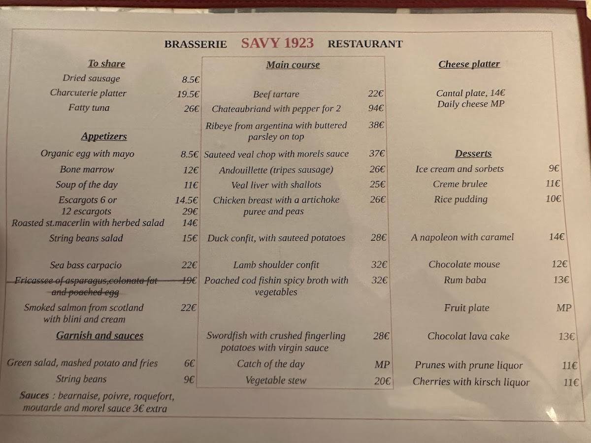 Menu at Chez Savy restaurant, Paris