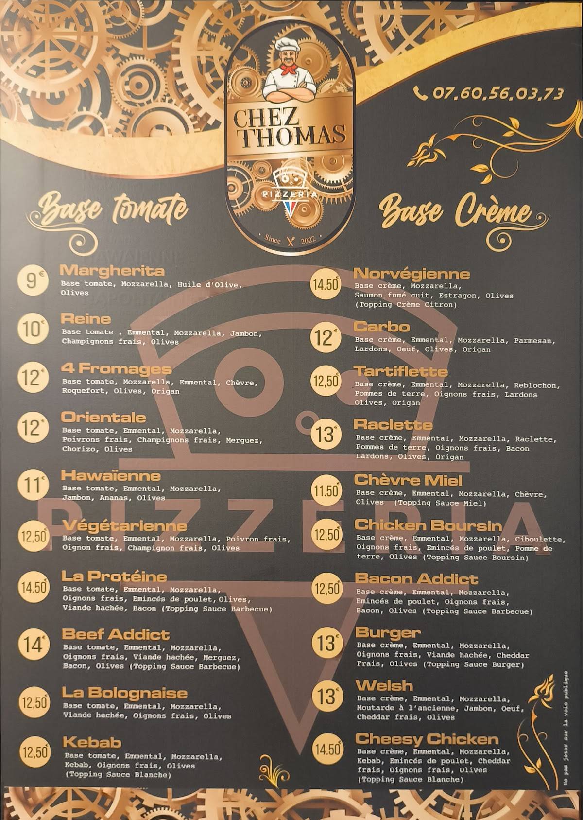 Menu au Chez Thomas restaurant, Hazebrouck