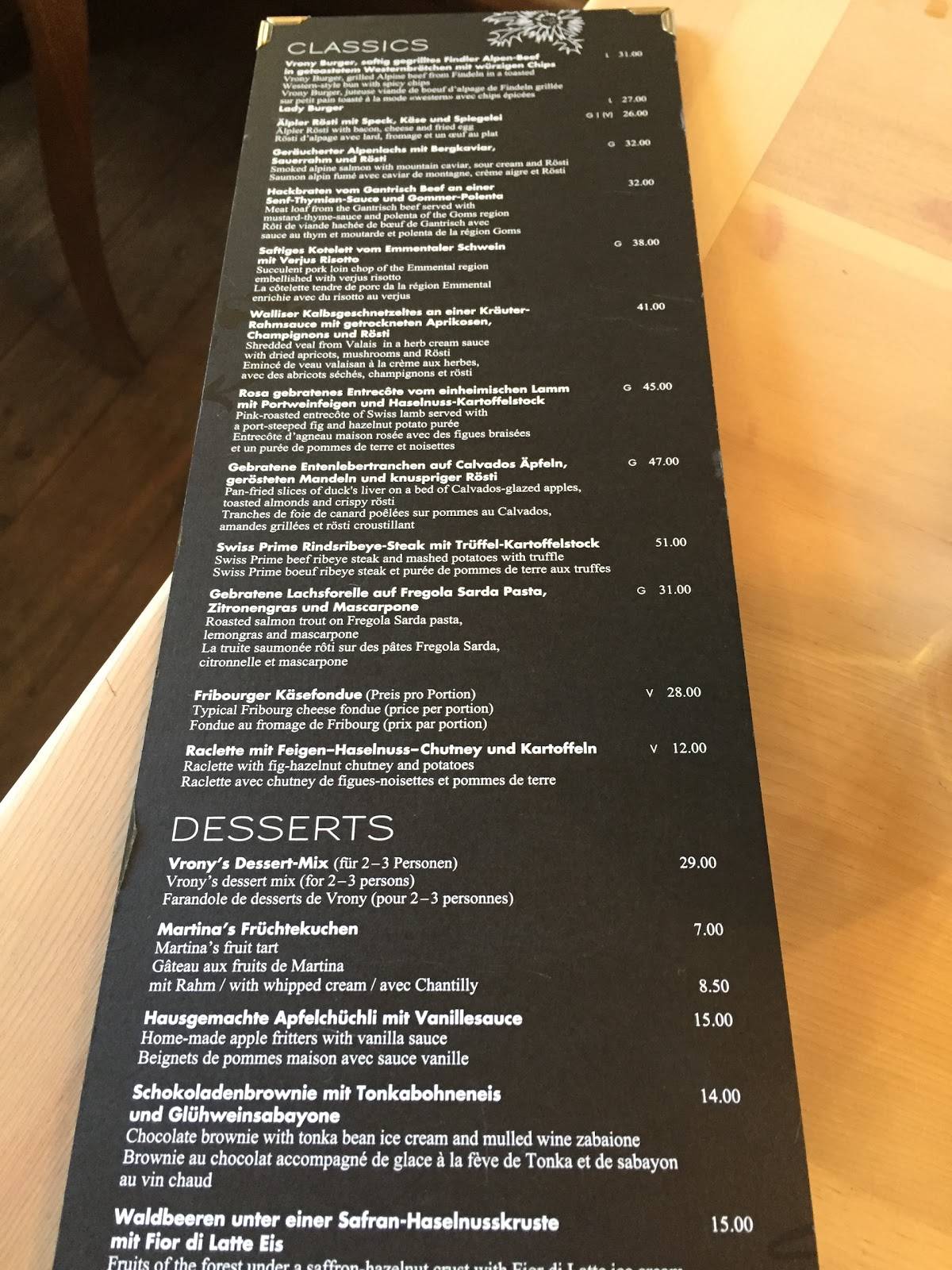 Menu at Chez Vrony, Zermatt