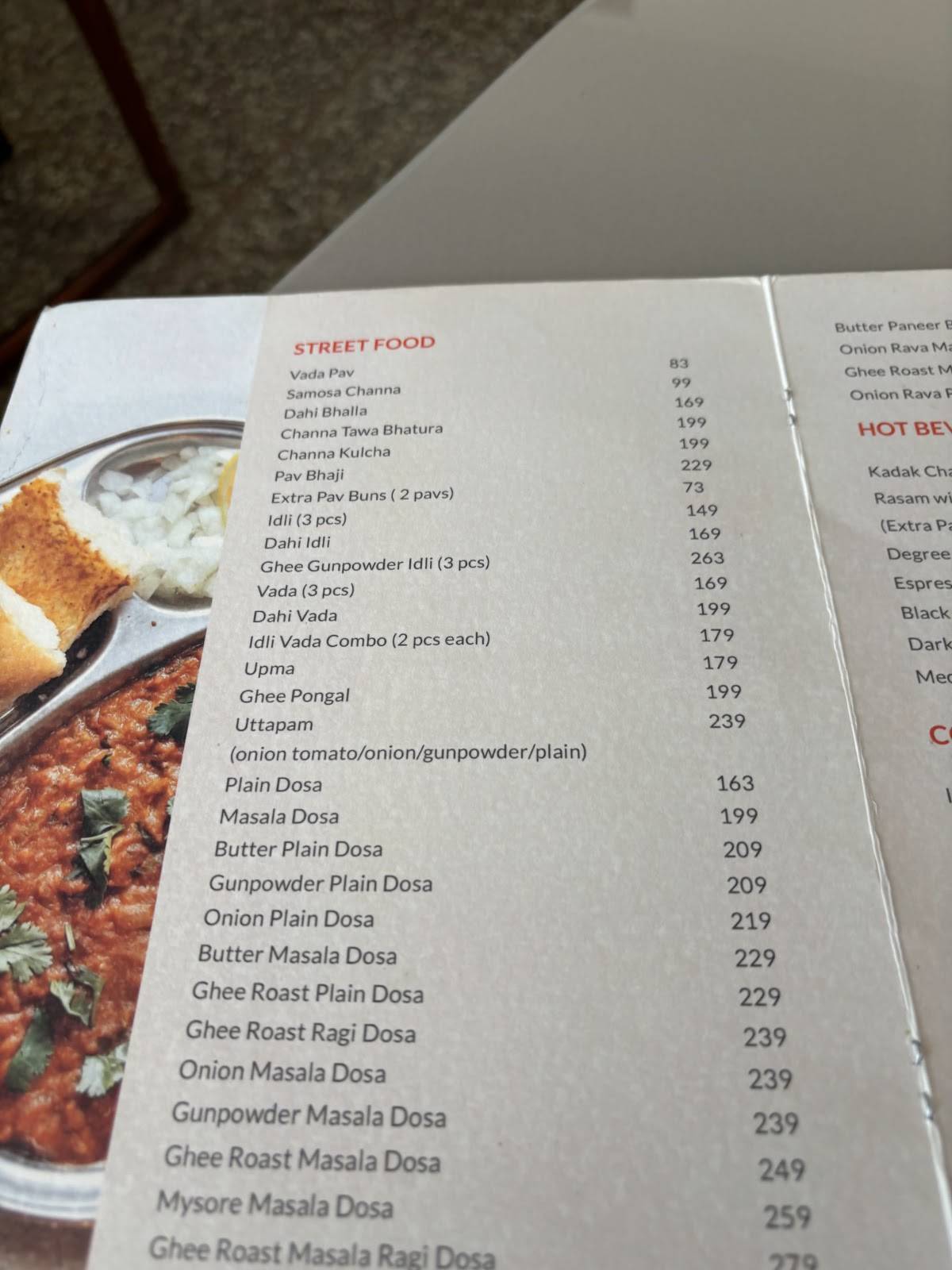 Menu at Chhota Banaras, Chandigarh