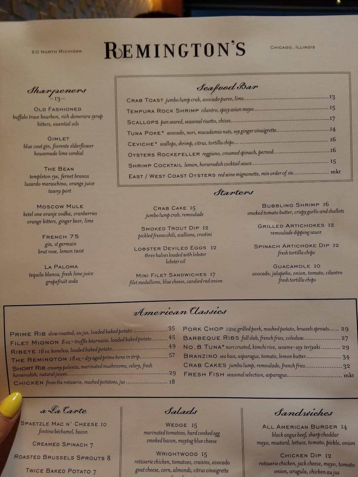 Menu at Remington's steakhouse, Chicago