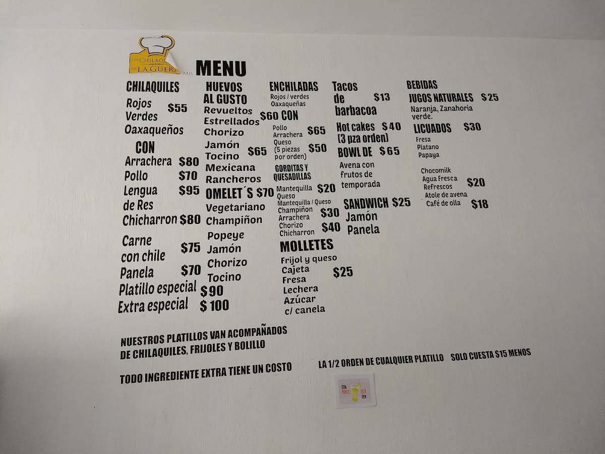 Carta del restaurante Chilaquiles del La Güera., Zapopan