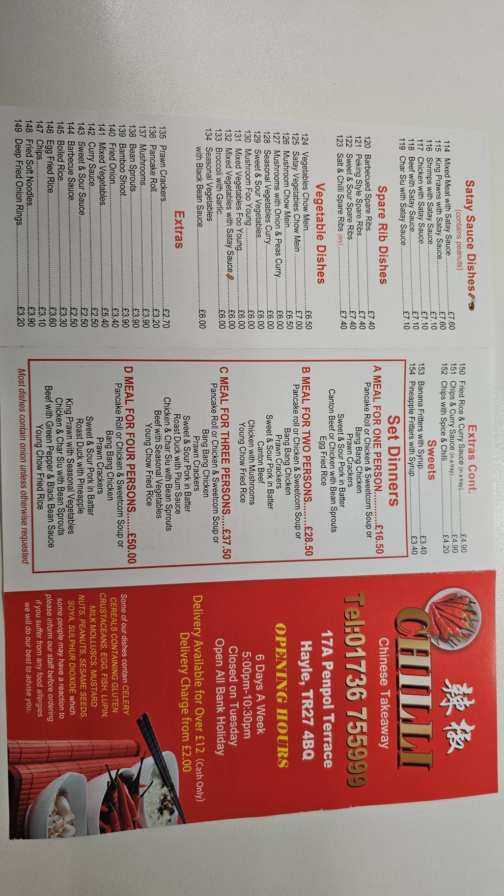 Menu at Chilli Chinese Takeaway fast food, Hayle