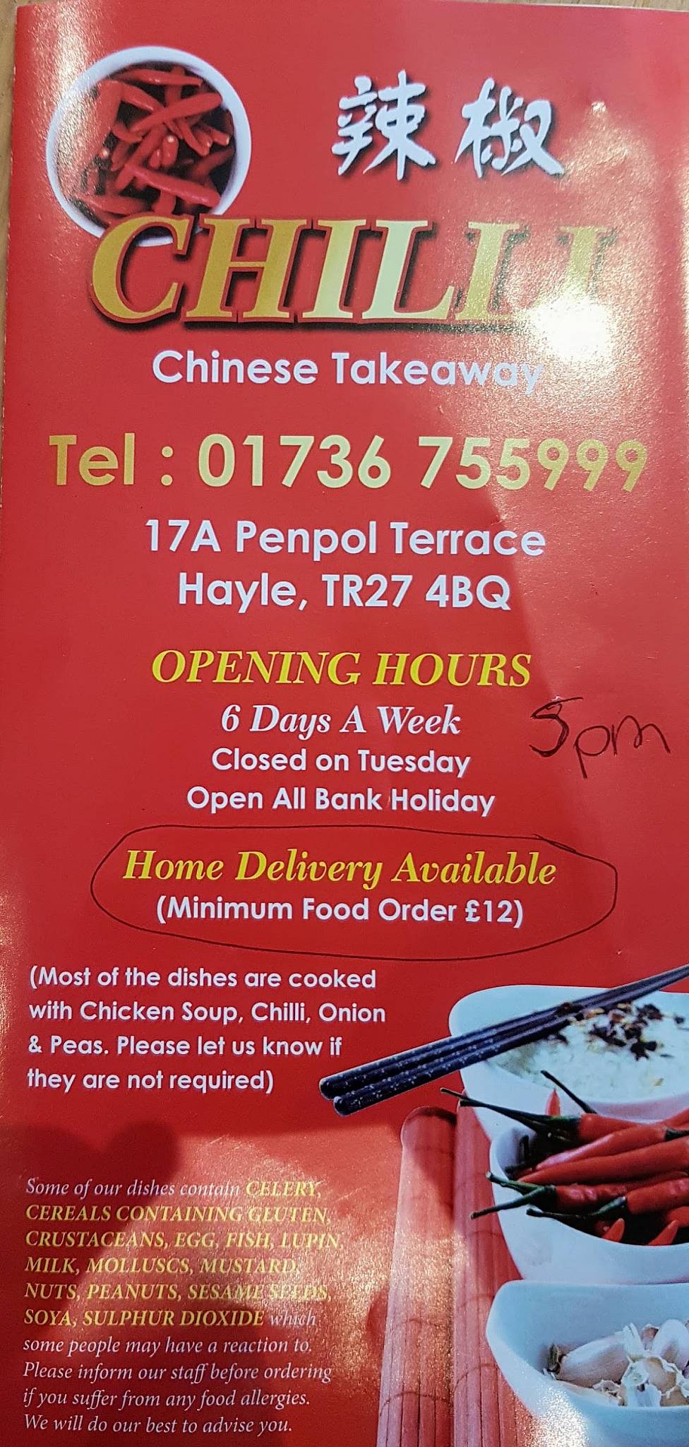 Menu at Chilli Chinese Takeaway fast food, Hayle