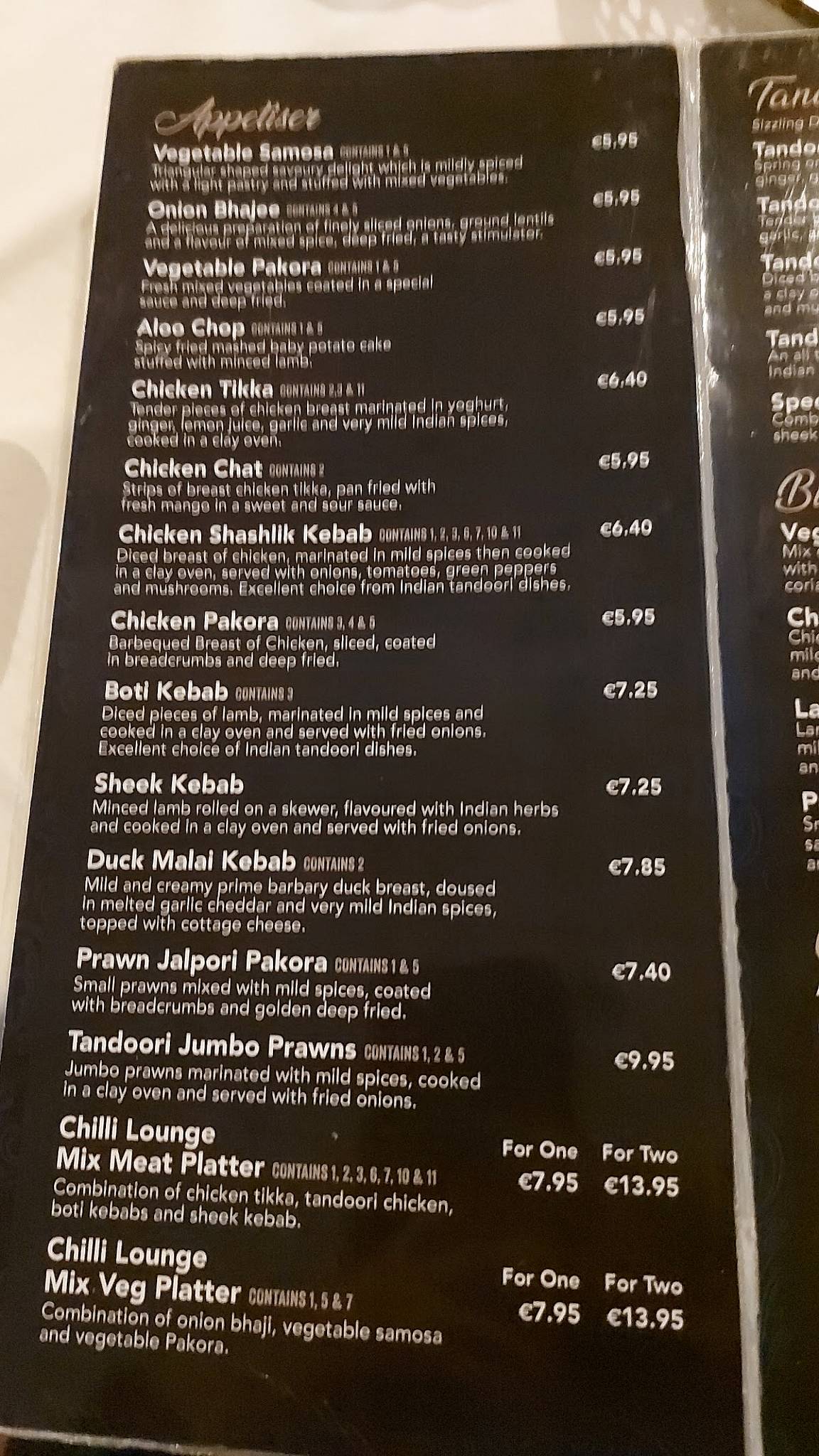 Menu at Chilli Lounge restaurant, Cavan