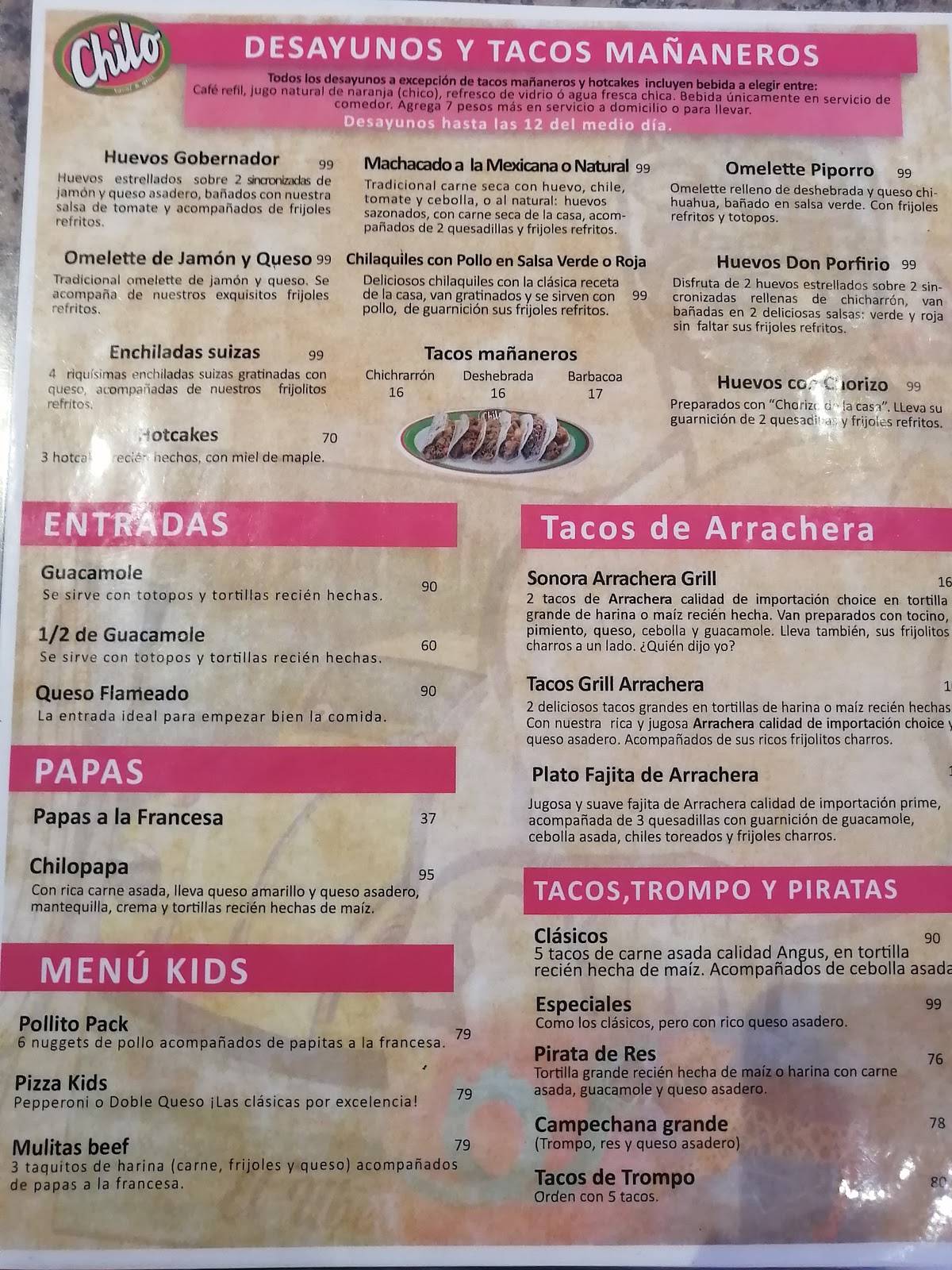 Carta del restaurante Chilo Tacos & Grill, Monterrey, Gral. Pablo González Garza 601