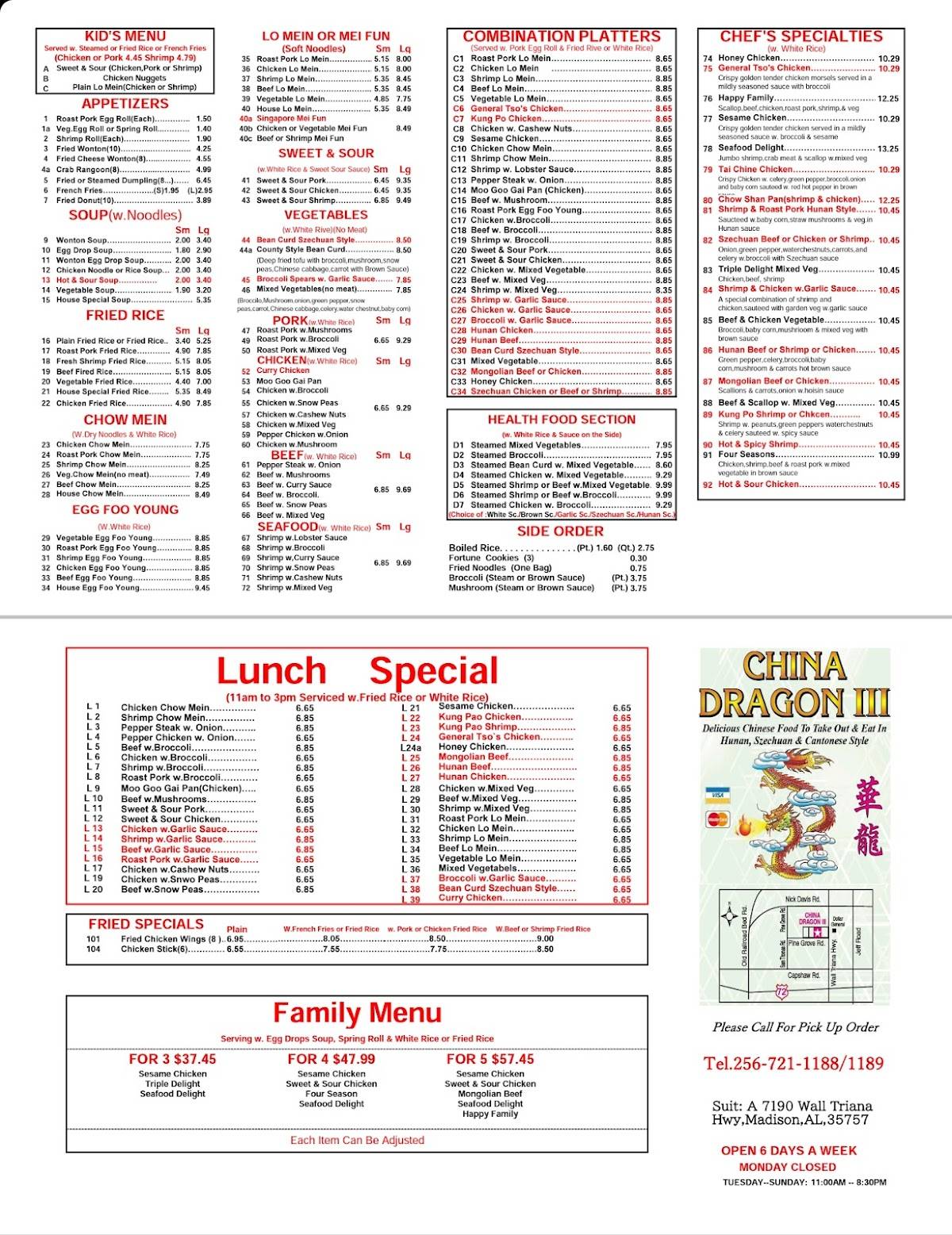 Menu at China Dragon 3 restaurant, Madison, Wall Triana Hwy A