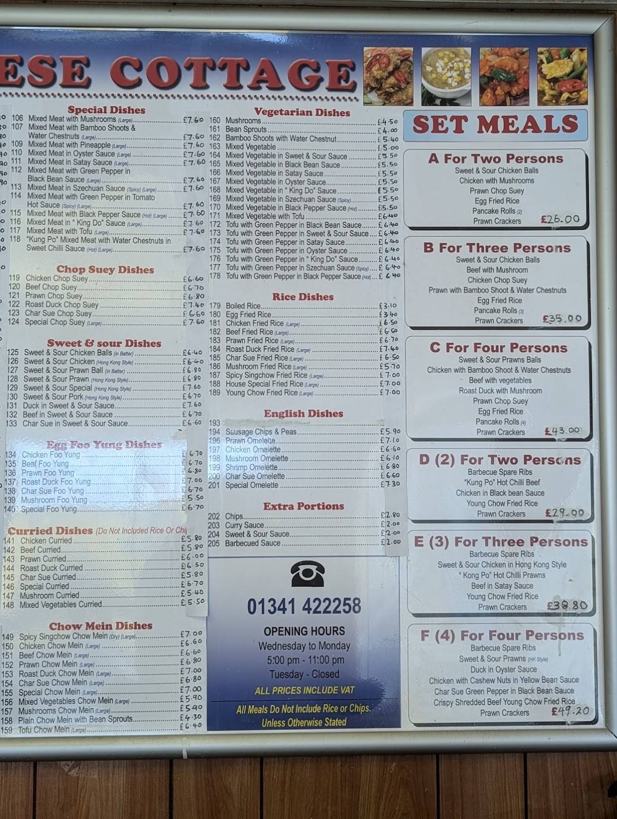 Menu at Chinese Cottage restaurant, Dolgellau