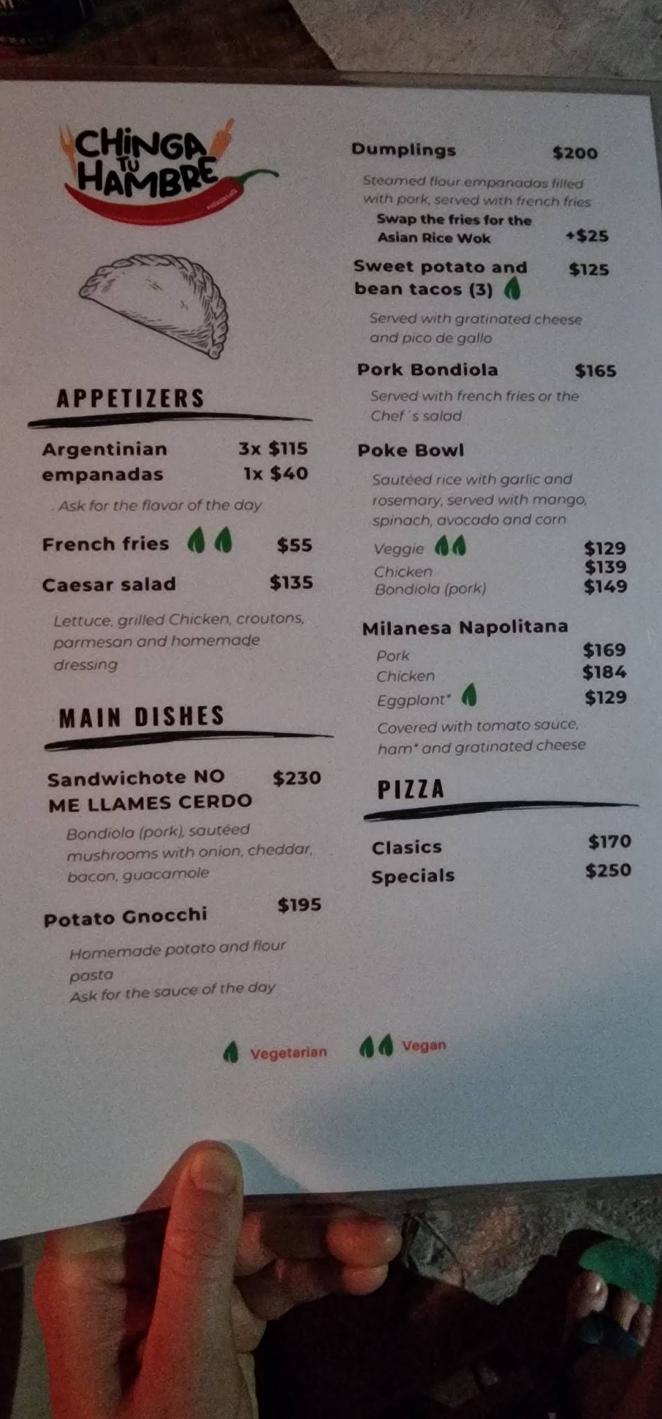 Carta del restaurante Ching@ Tu Hambre, Mahahual
