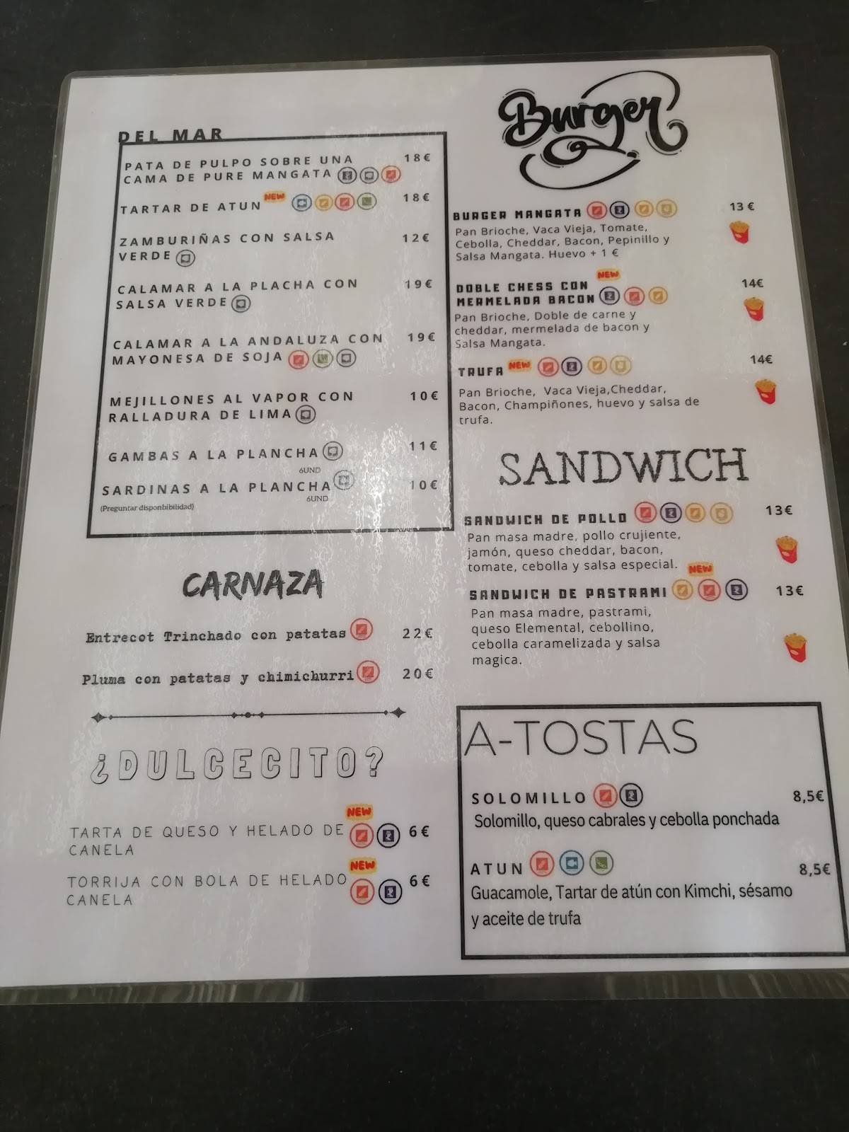 Carta del pub y bar Chiringuito Mångata, La Manga
