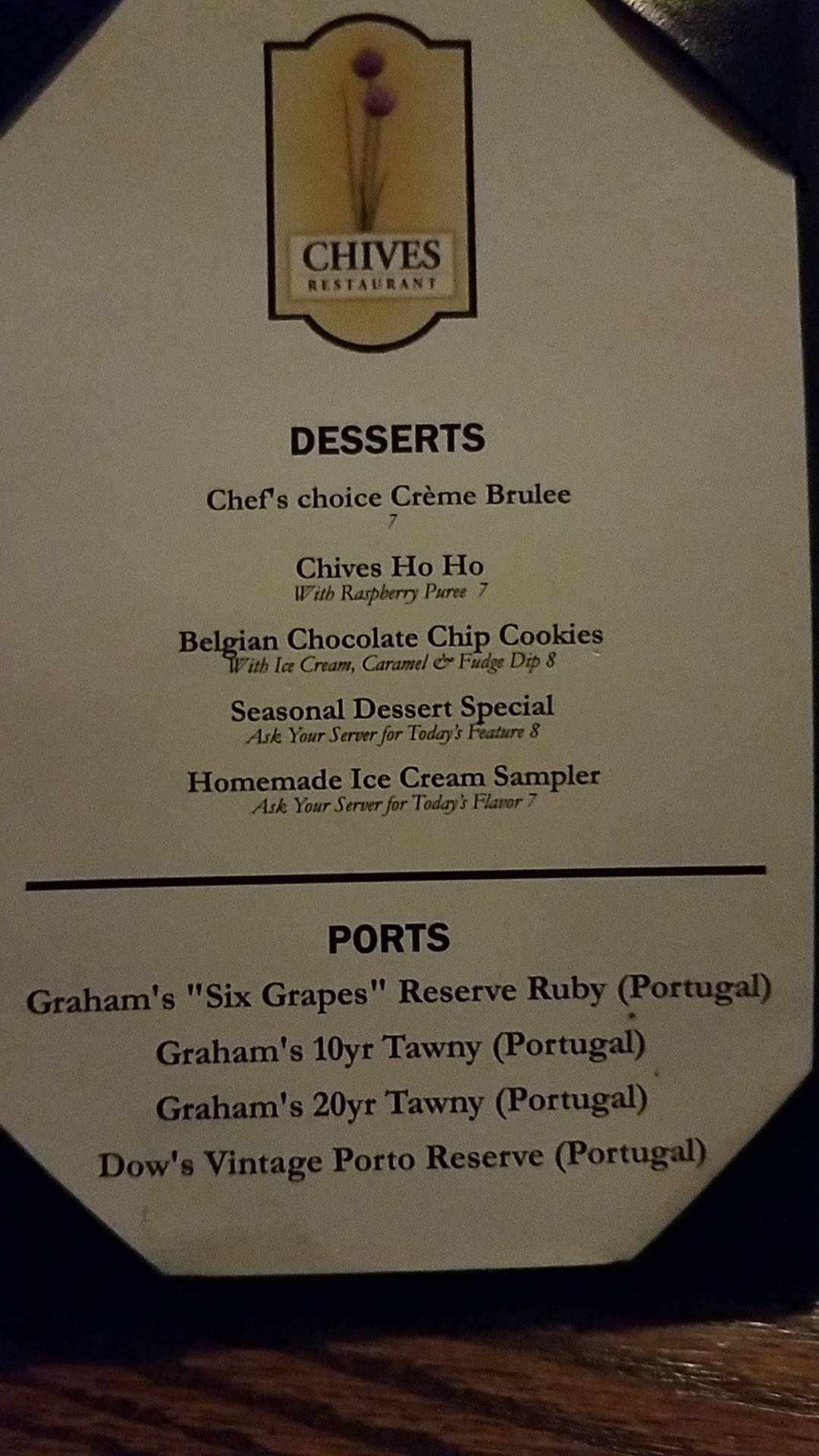 Menu at Chives Restaurant, Suamico