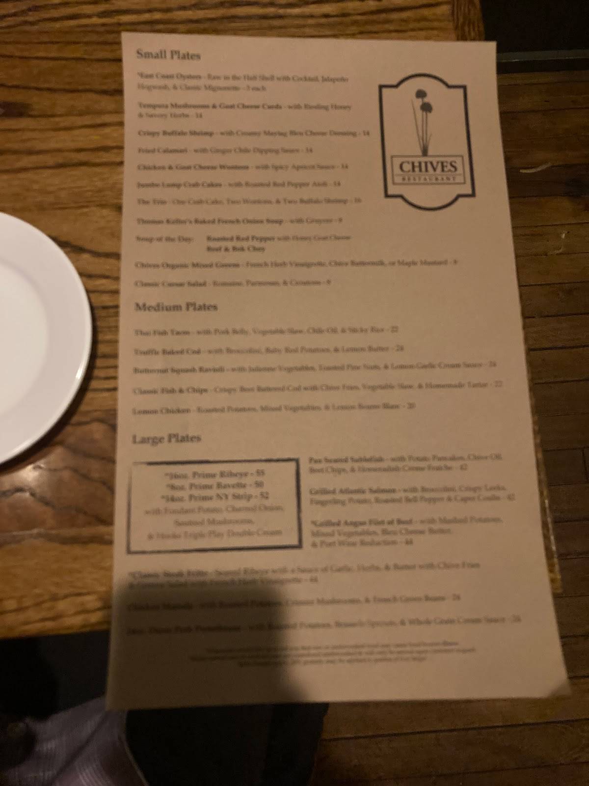 Menu at Chives Restaurant, Suamico