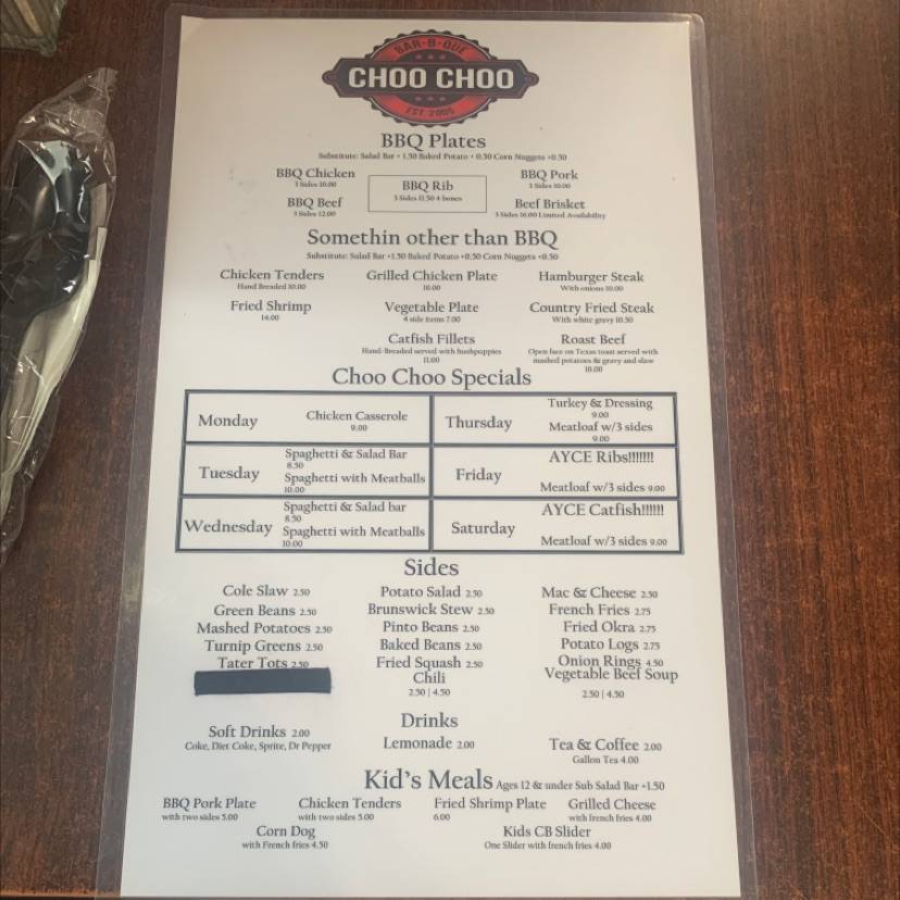 Menu at Choo Choo BBQ & Grill, Chickamauga, US Hwy 27