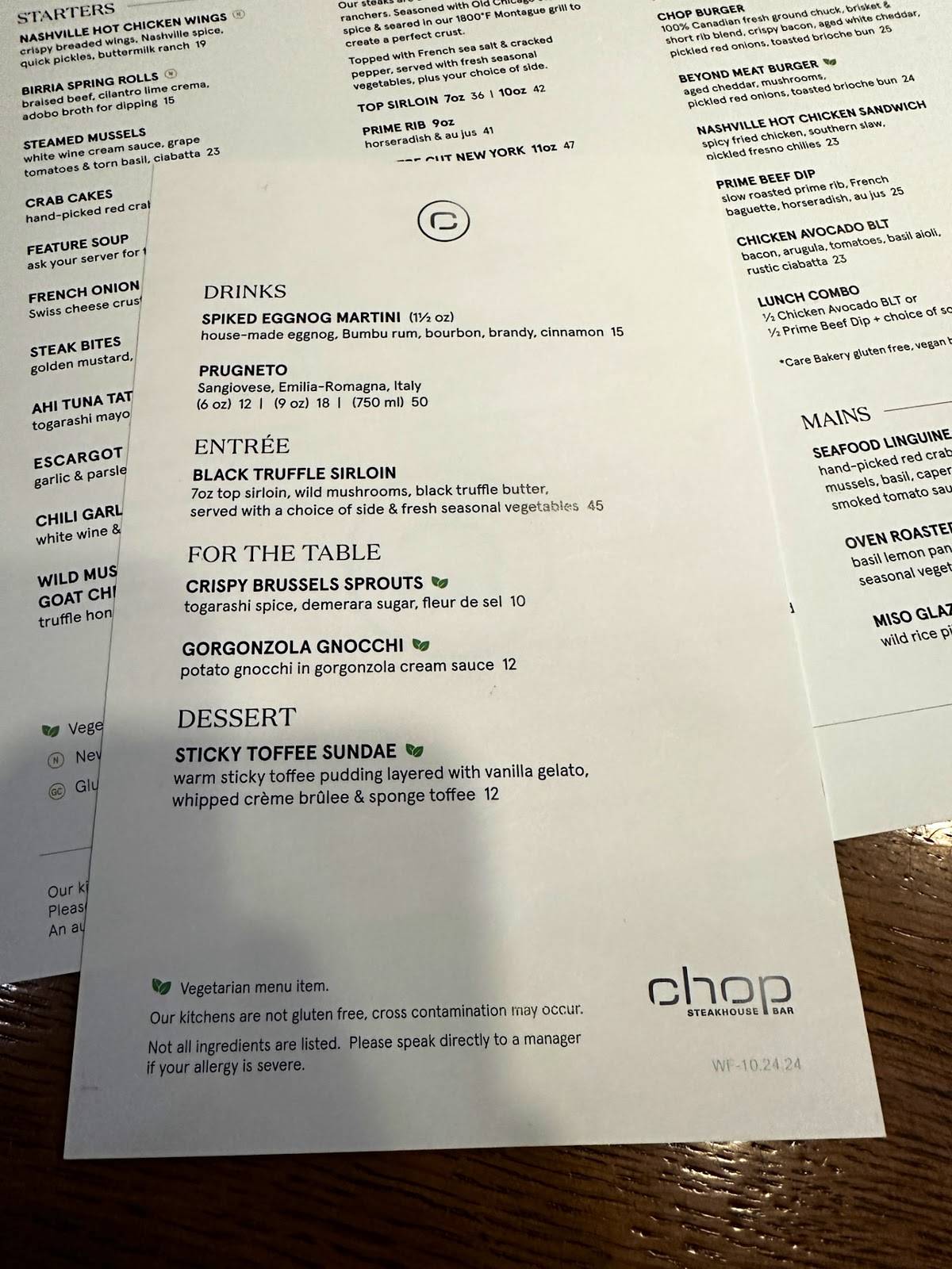 Menu at Chop Steakhouse & Bar, Saskatoon