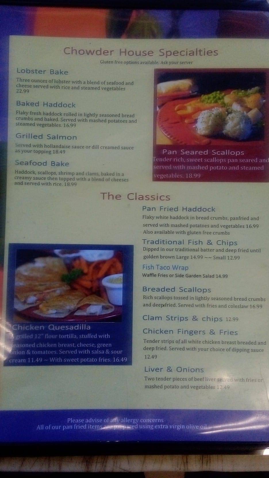Menu at Chowder House on Main restaurant, Tatamagouche