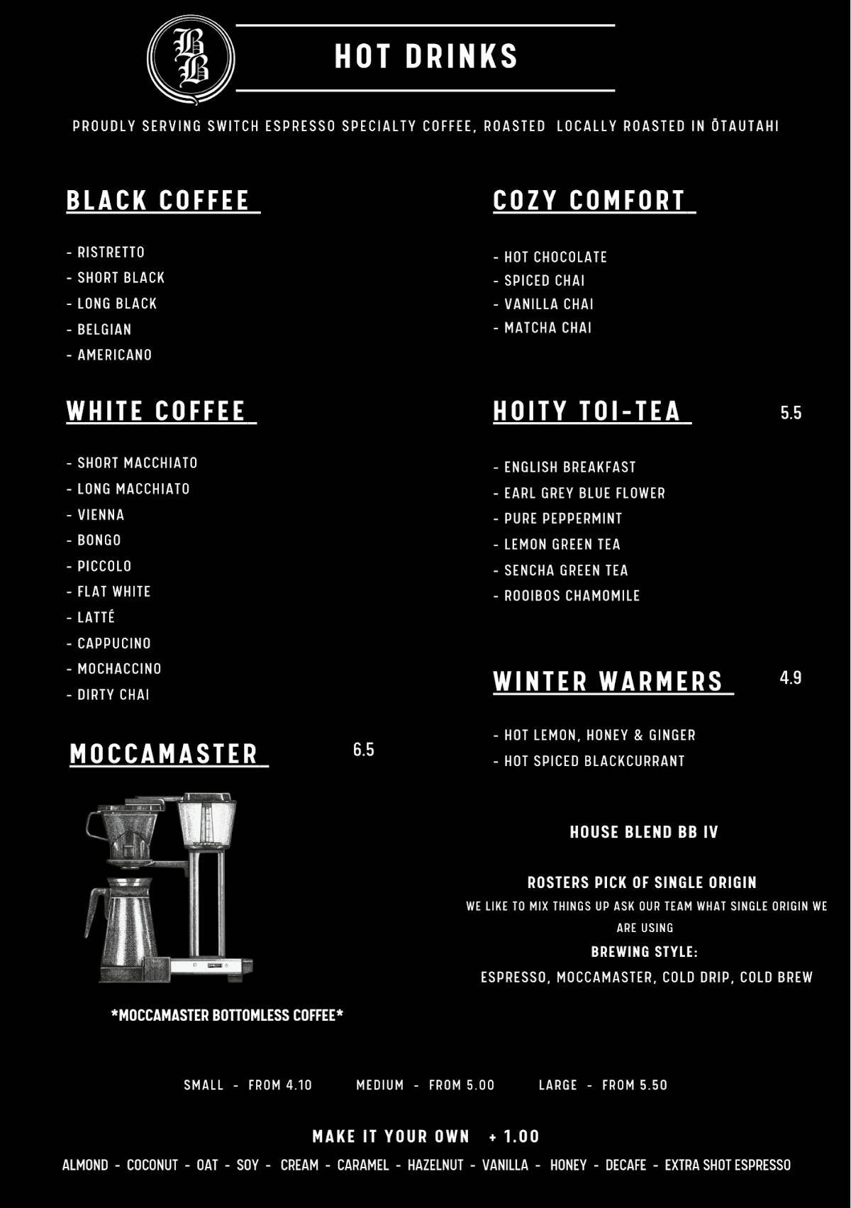 Menu at Black Betty Cafe, Christchurch
