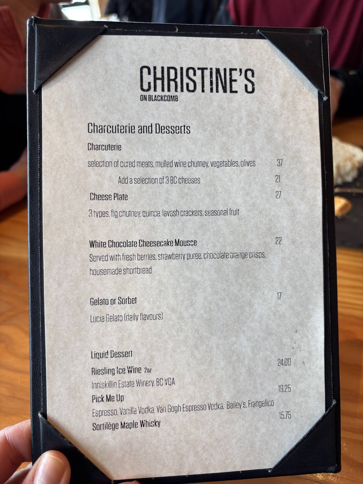 Menu at Christine's On Blackcomb restaurant, Whistler