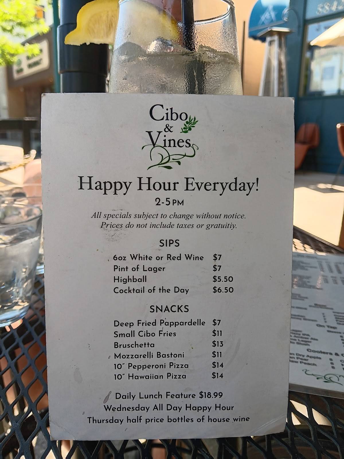 Menu at Cibo & Vines pizzeria, Peachland