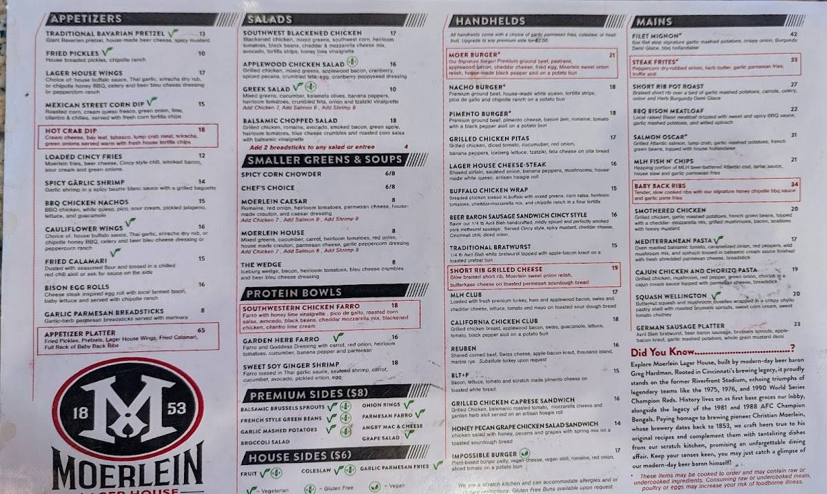 Menu at Moerlein Lager House pub & bar, Cincinnati