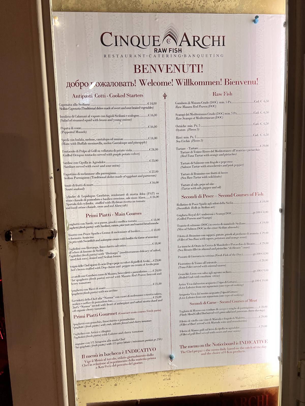 Menu at Cinque Archi restaurant, Taormina