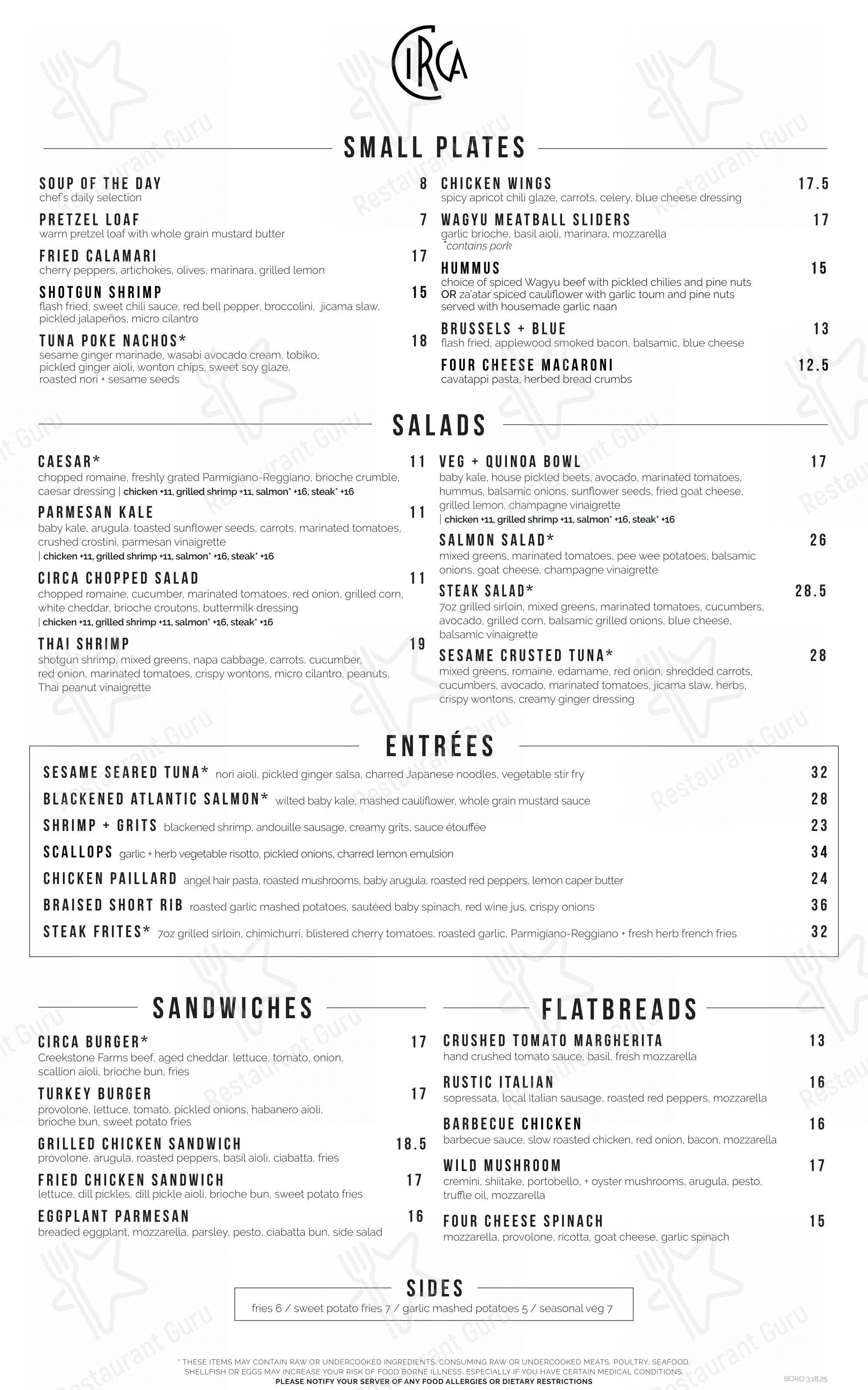 Menu at Circa at The Boro pub & bar, Tysons