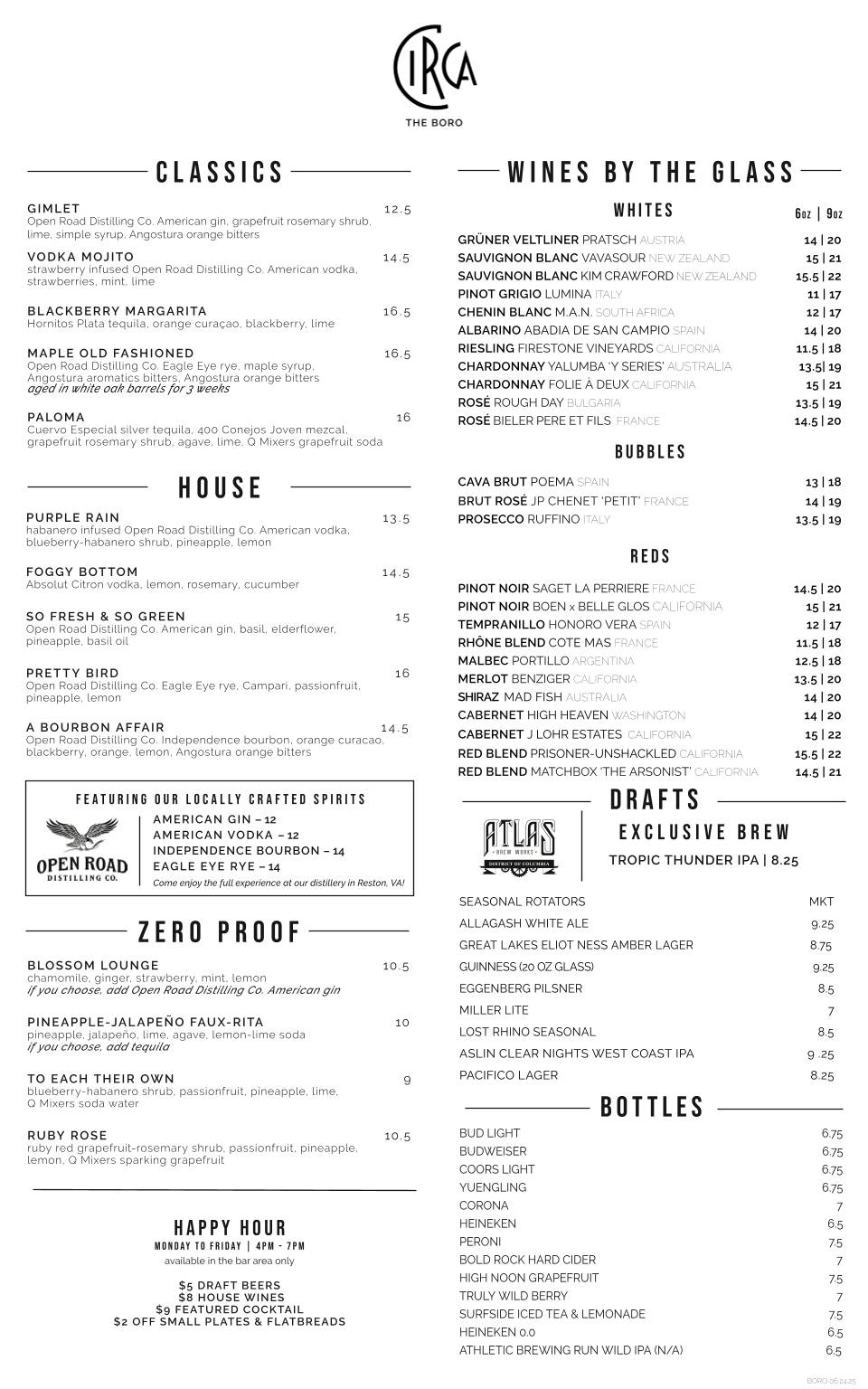 Menu at Circa at The Boro pub & bar, Tysons