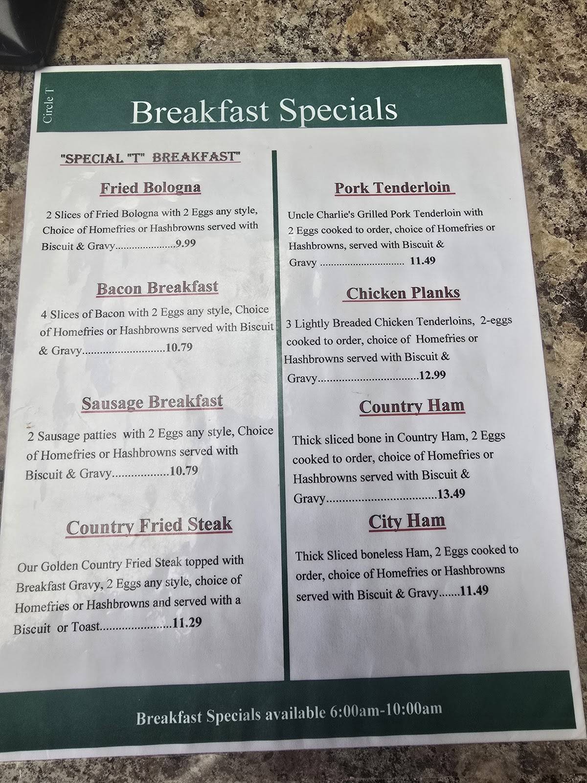 Menu at Circle T Restaurant, Hazard