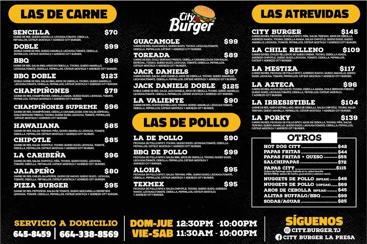 Carta del restaurante City Burger (La presa), Tijuana, Av. De Las ...