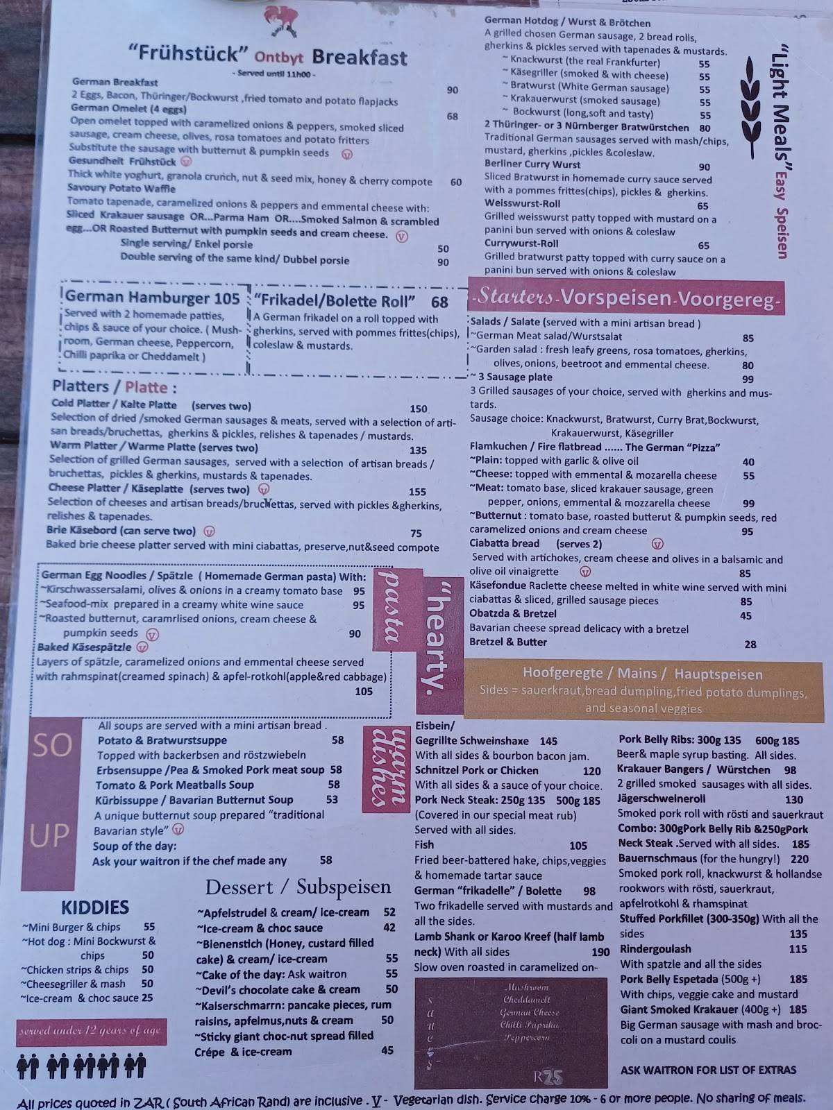 Menu at Roter Hahn restaurant, Clarens
