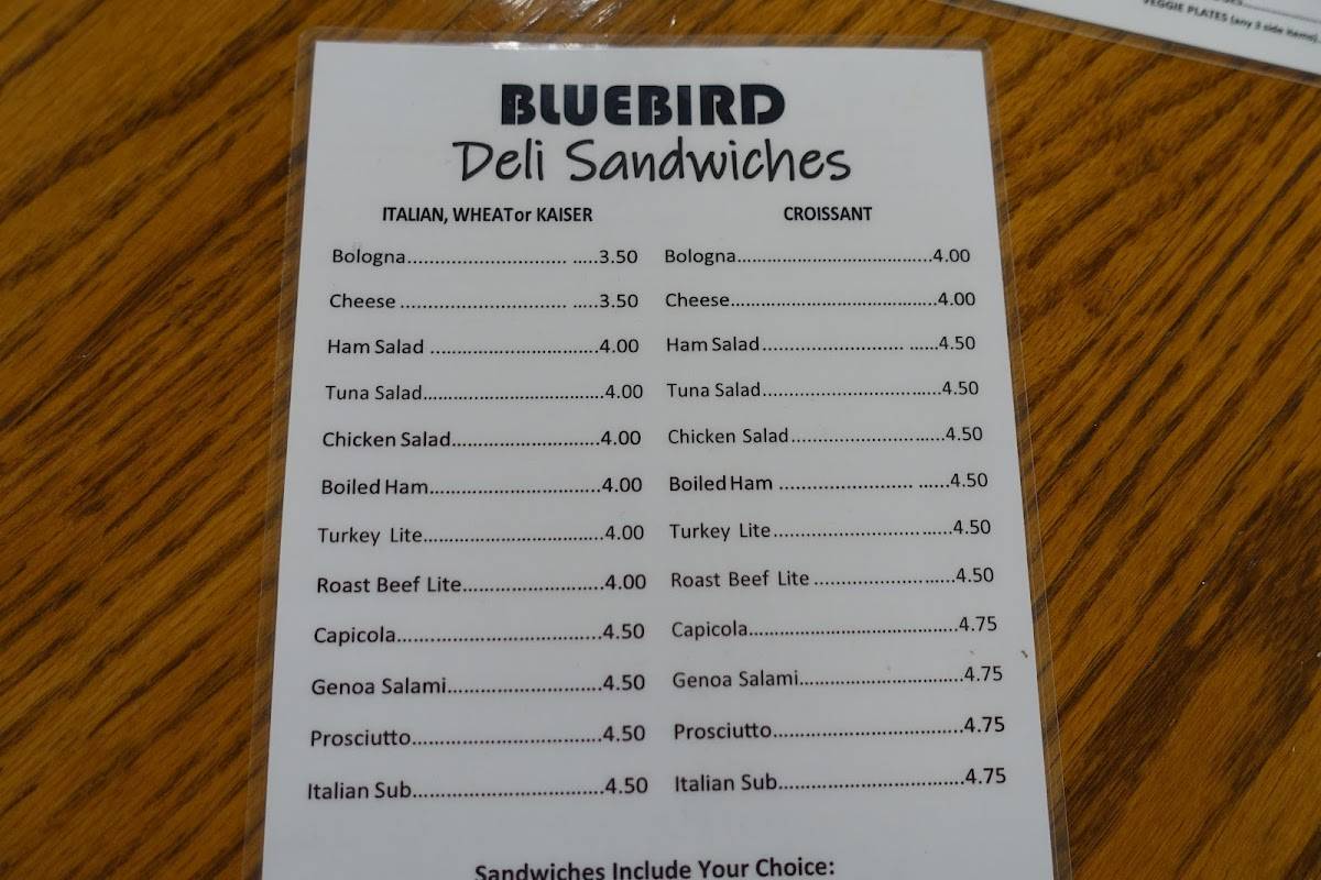 Menu at The Bluebird restaurant, Clarksburg