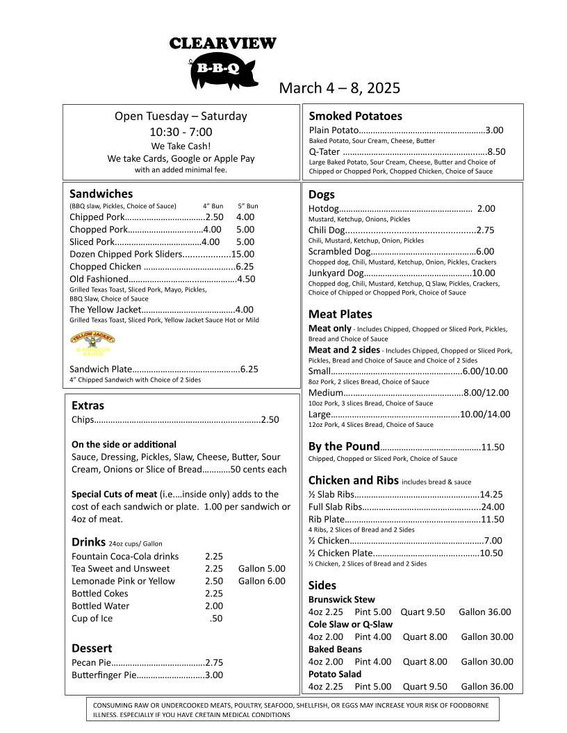 Menu at Clearview BBQ, Columbus