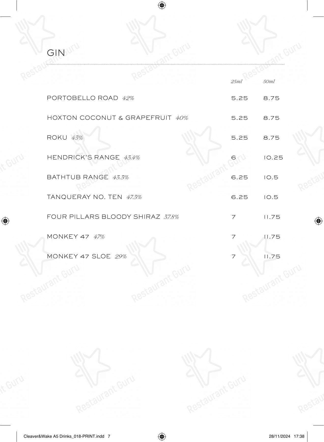Menu at Cleaver & Wake restaurant, Nottingham