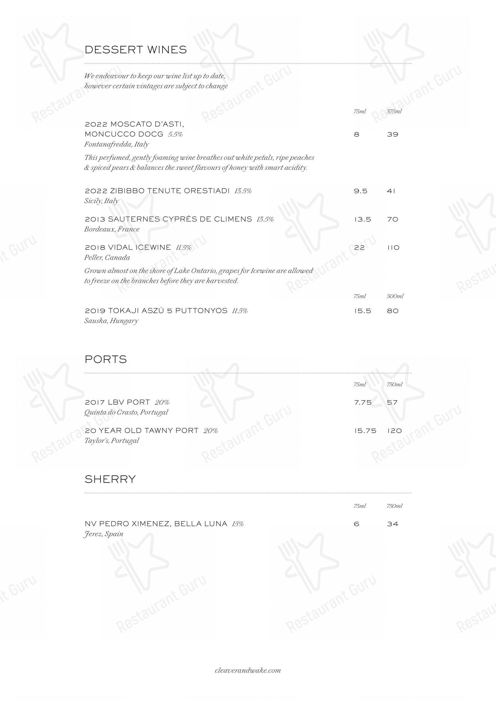 Menu at Cleaver & Wake restaurant, Nottingham