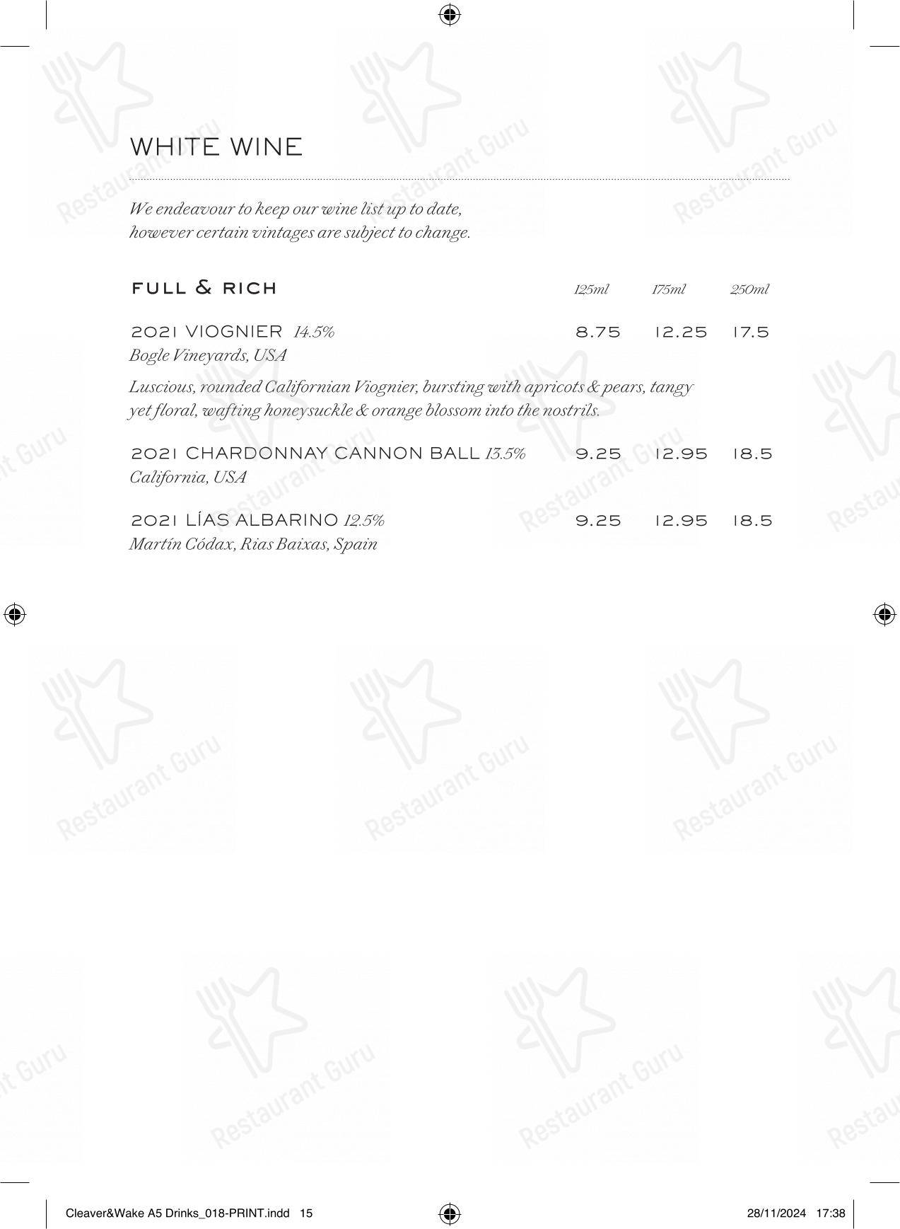 Menu at Cleaver & Wake restaurant, Nottingham