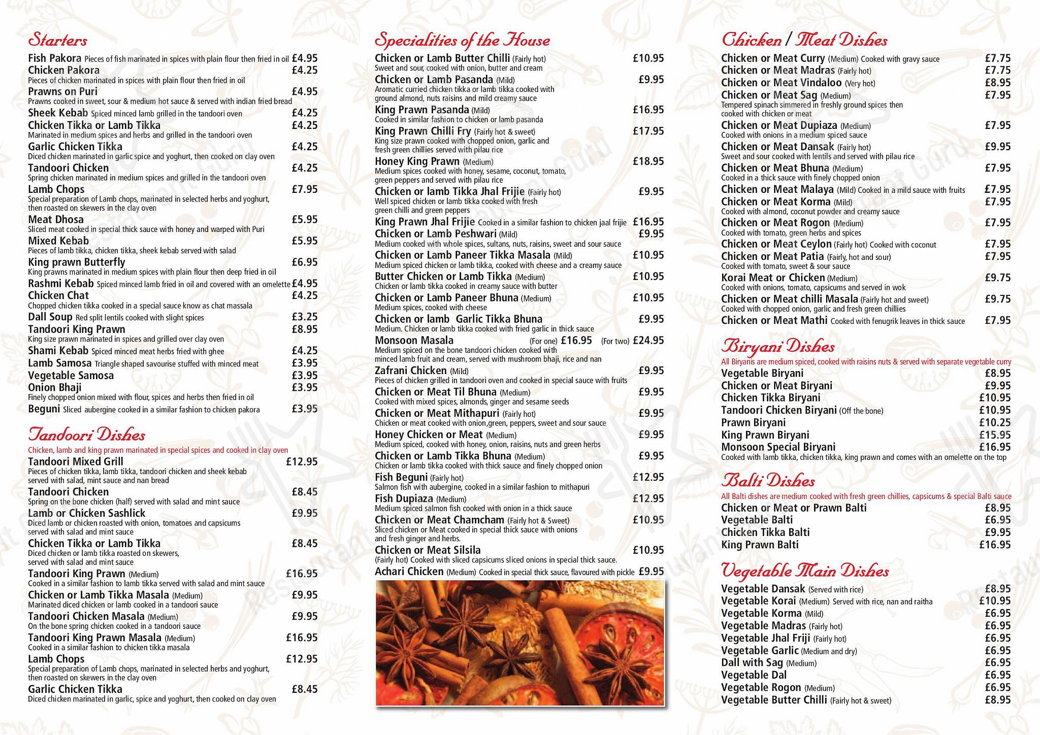 Menu at Monsoon restaurant, Clevedon