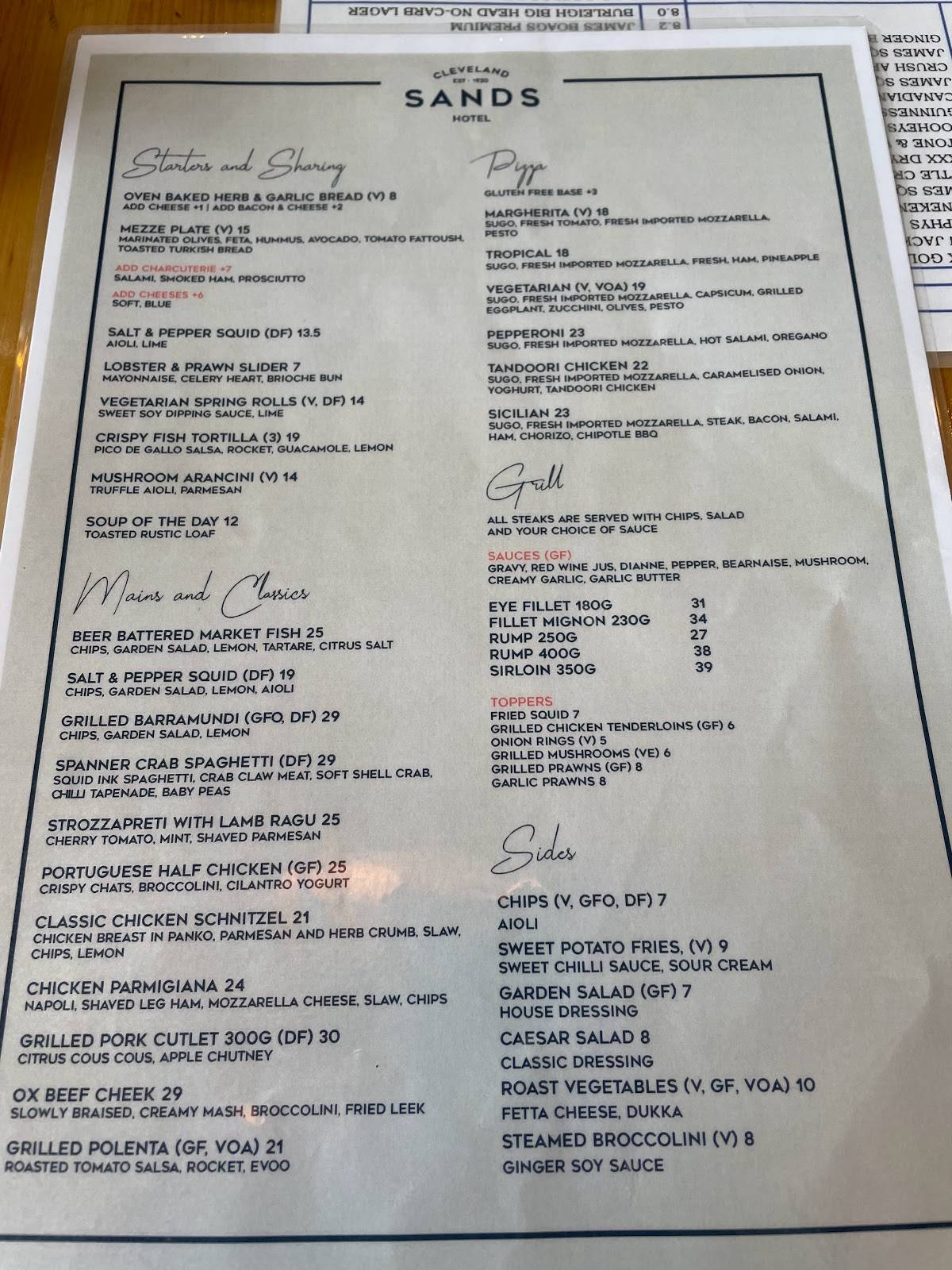 Menu at Cleveland Sands Hotel pub & bar, Cleveland, Bloomfield St