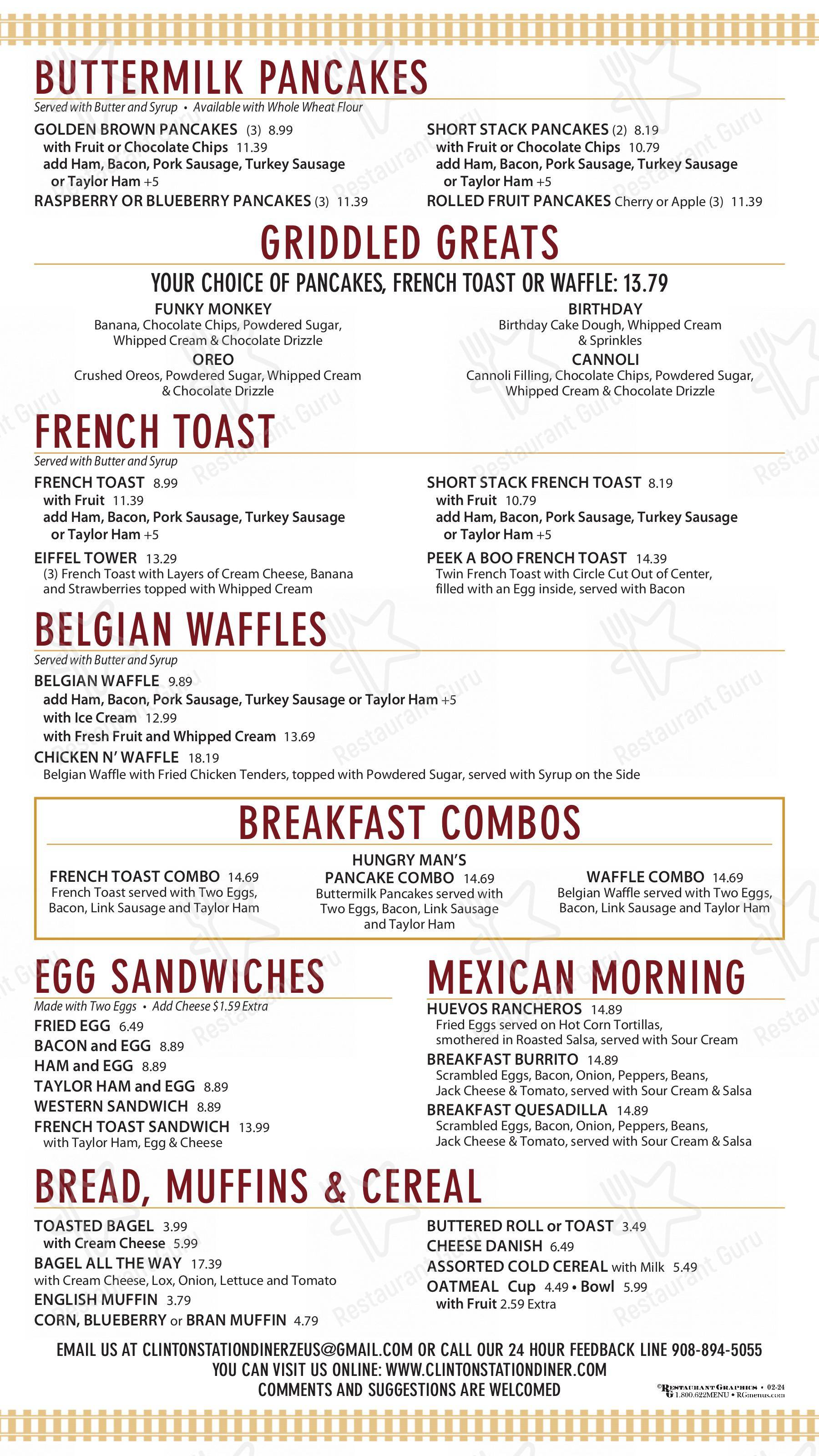 Menu at Clinton Station Diner restaurant, Clinton