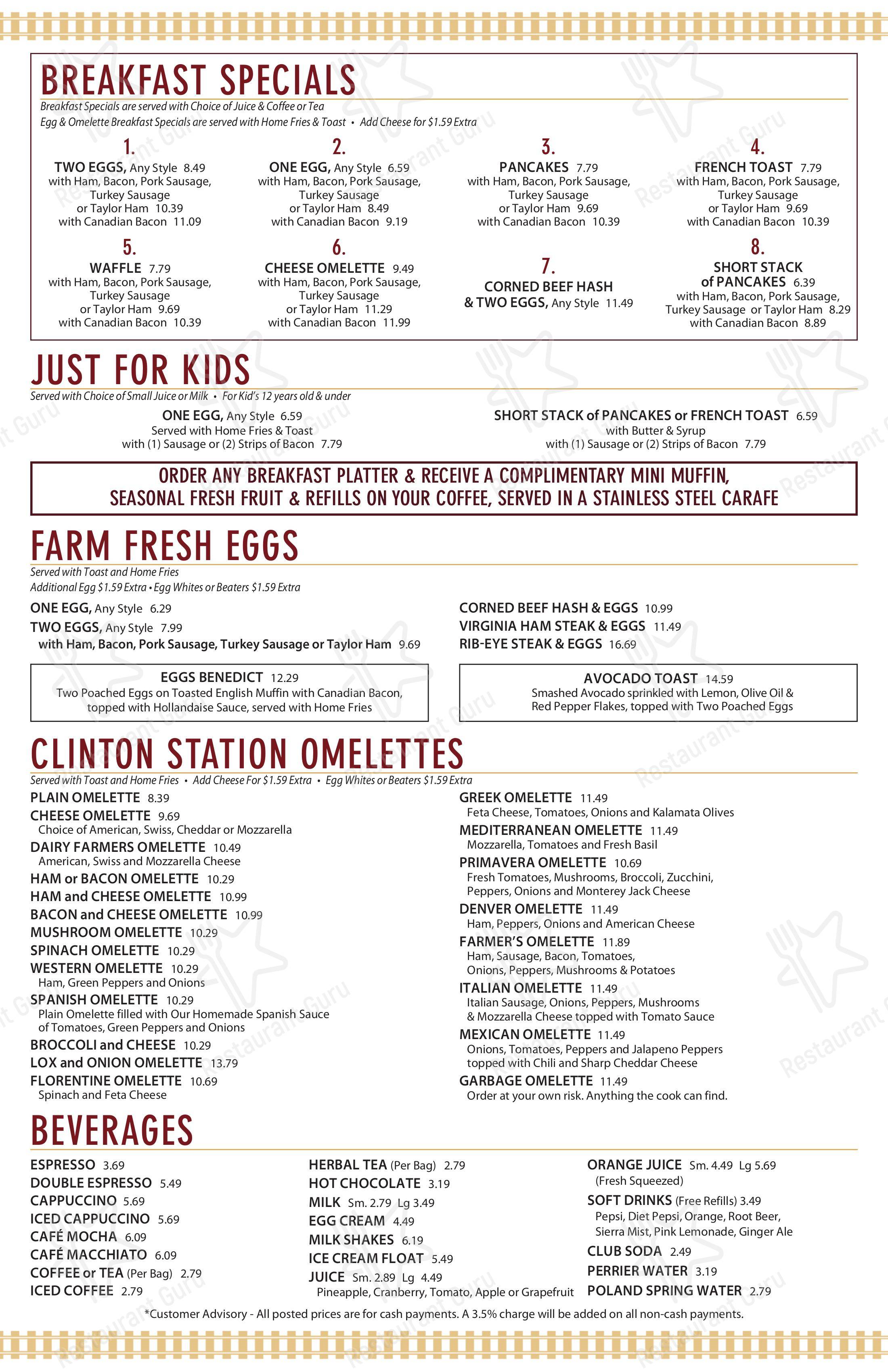 Menu at Clinton Station Diner restaurant, Clinton