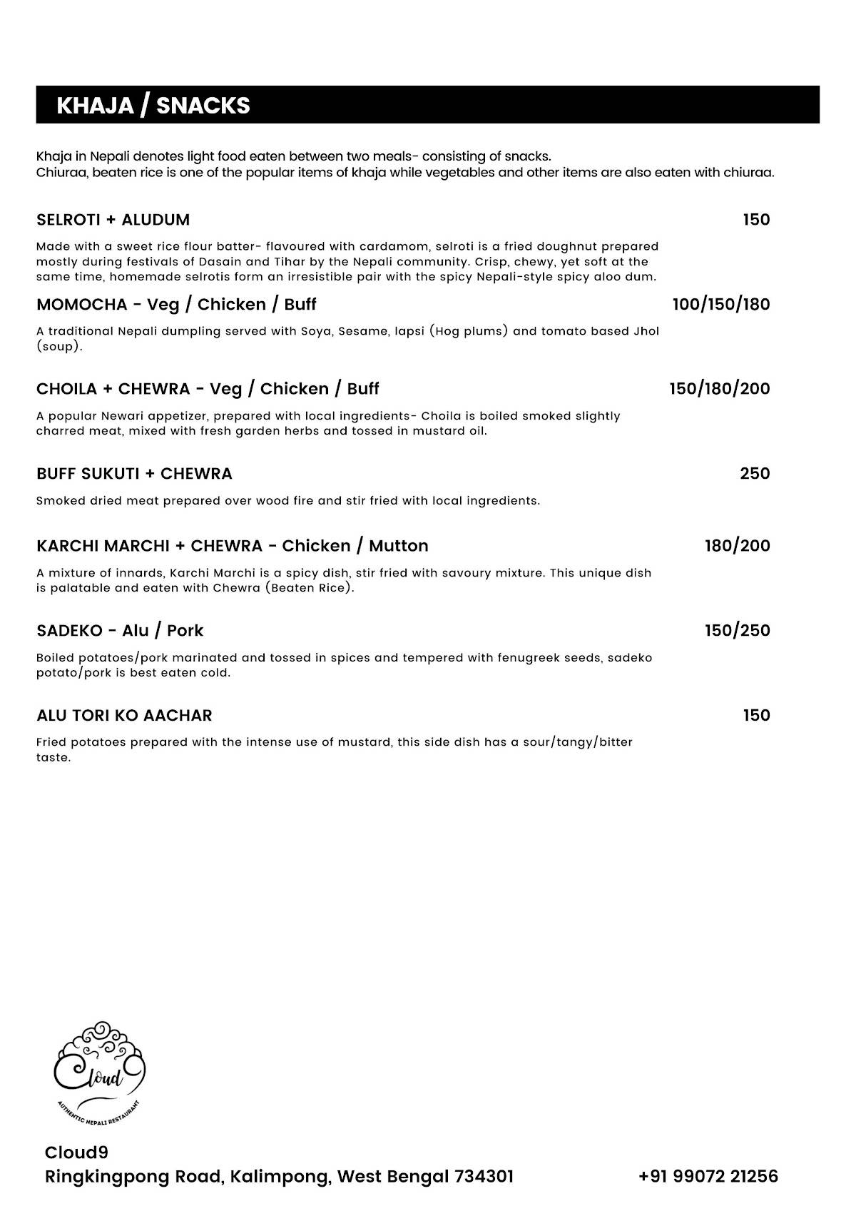 Menu at Cloud 9 Kalimpong - Authentic Nepali Restaurant, Kalimpong